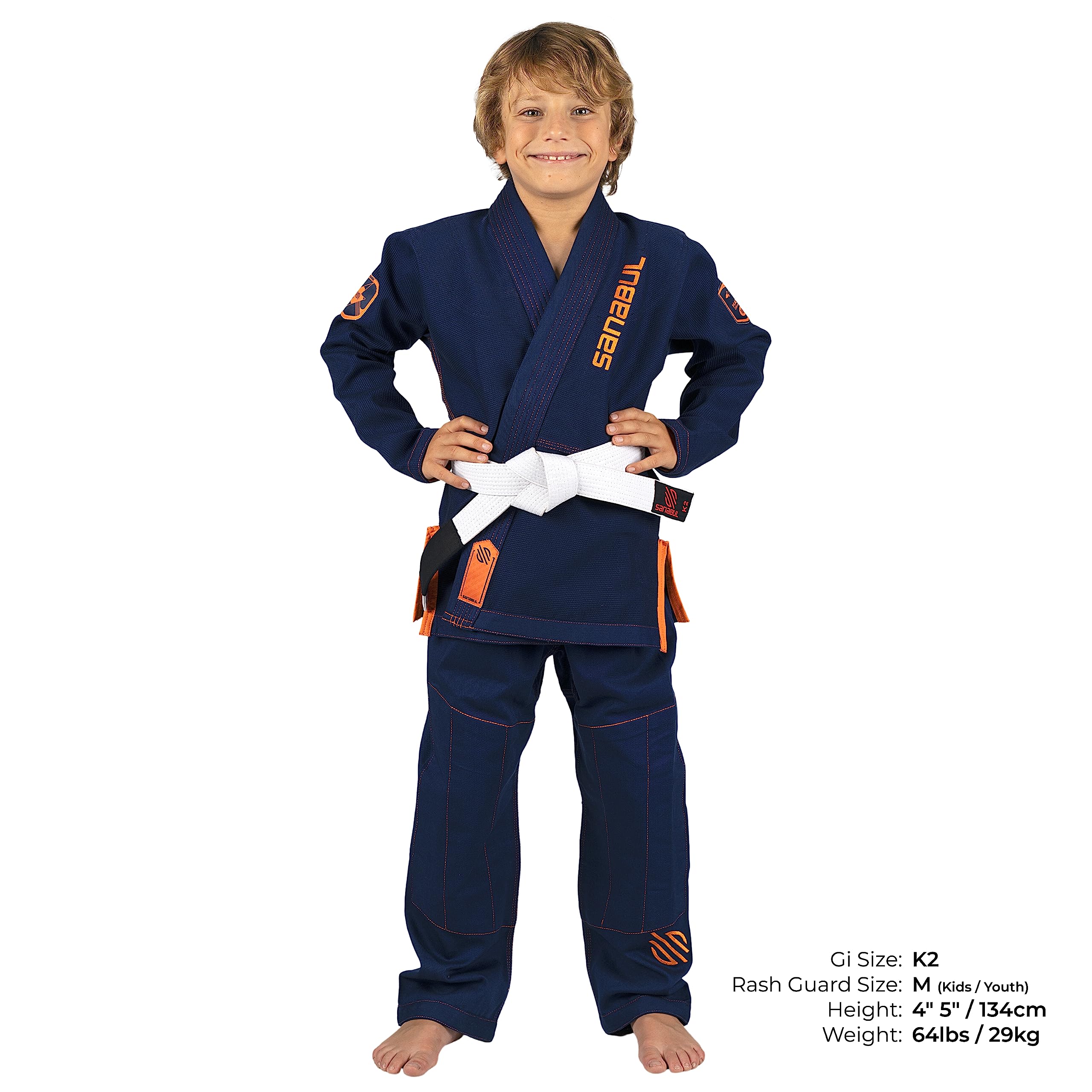 Sanabul Future Legends BJJ Gi for Kids Jiu Jitsu Gi Kimono for Children Youth Preshrunk Fabric & BJJ White Belt Included - Navy/Orange, K4