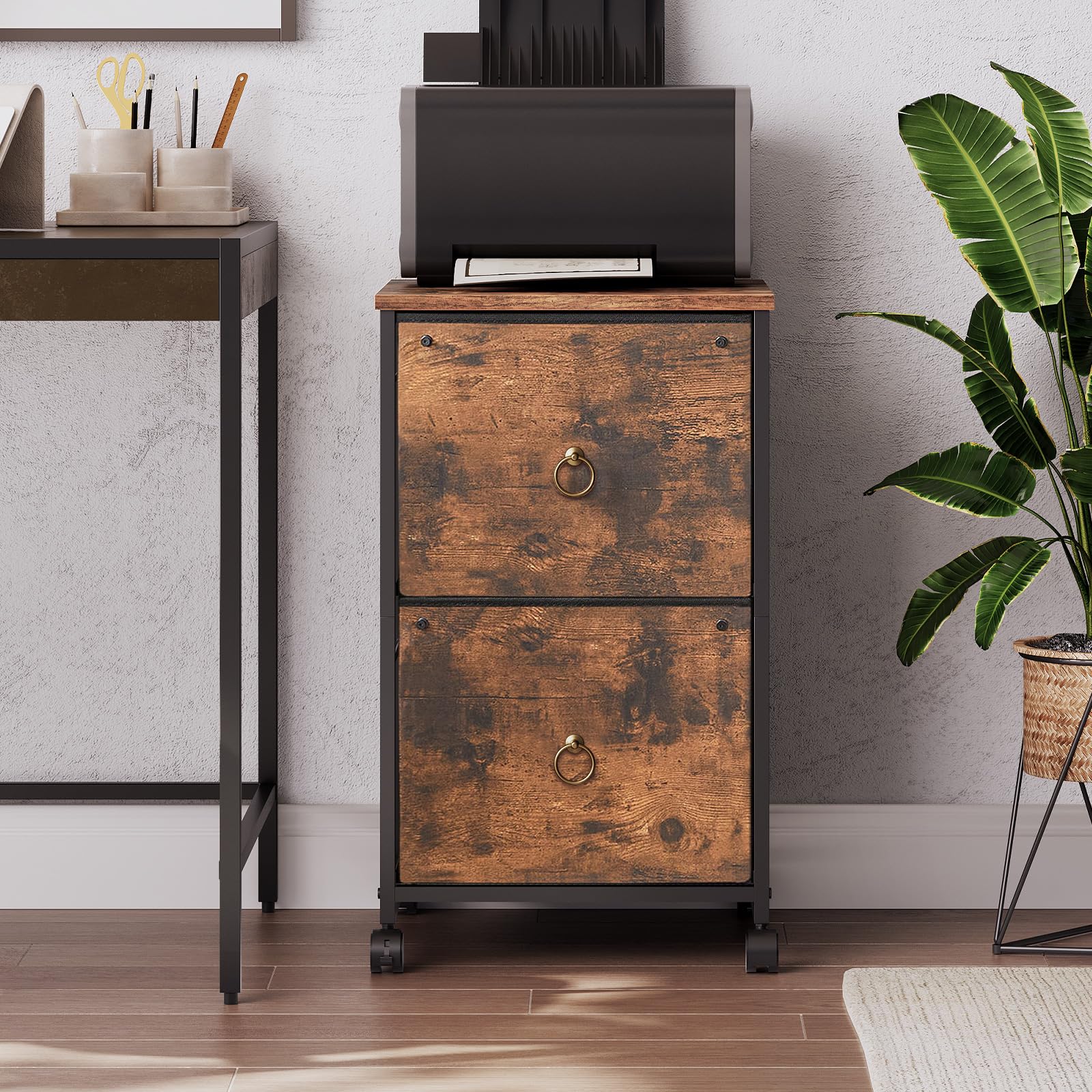 HOOBRO 2 Drawer Mobile File Cabinet, Rolling Printer Stand, Vertical Filing Cabinet, Office Cabinet, Filing Cabinet for Home Office, A4/Letter Size, Nonwovens Drawer, Rustic Brown BF20WJ01