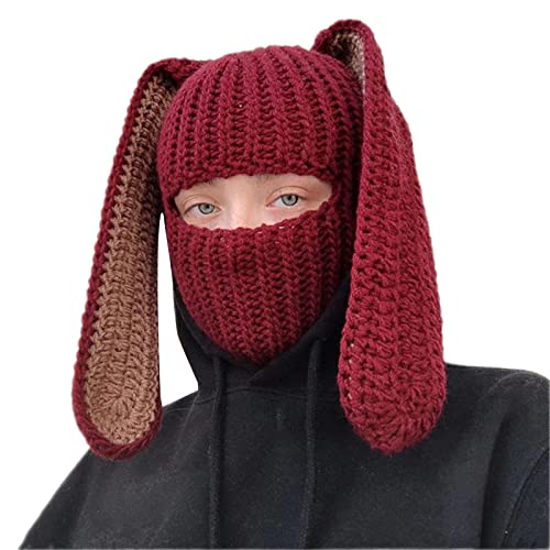 Peiiwdc Hat,Knitted Hat for Children Adult Windproof Foldable Winter Hat Cartoon Ear Shape Keep Warm Windproof Cycling Hat Jujube Red