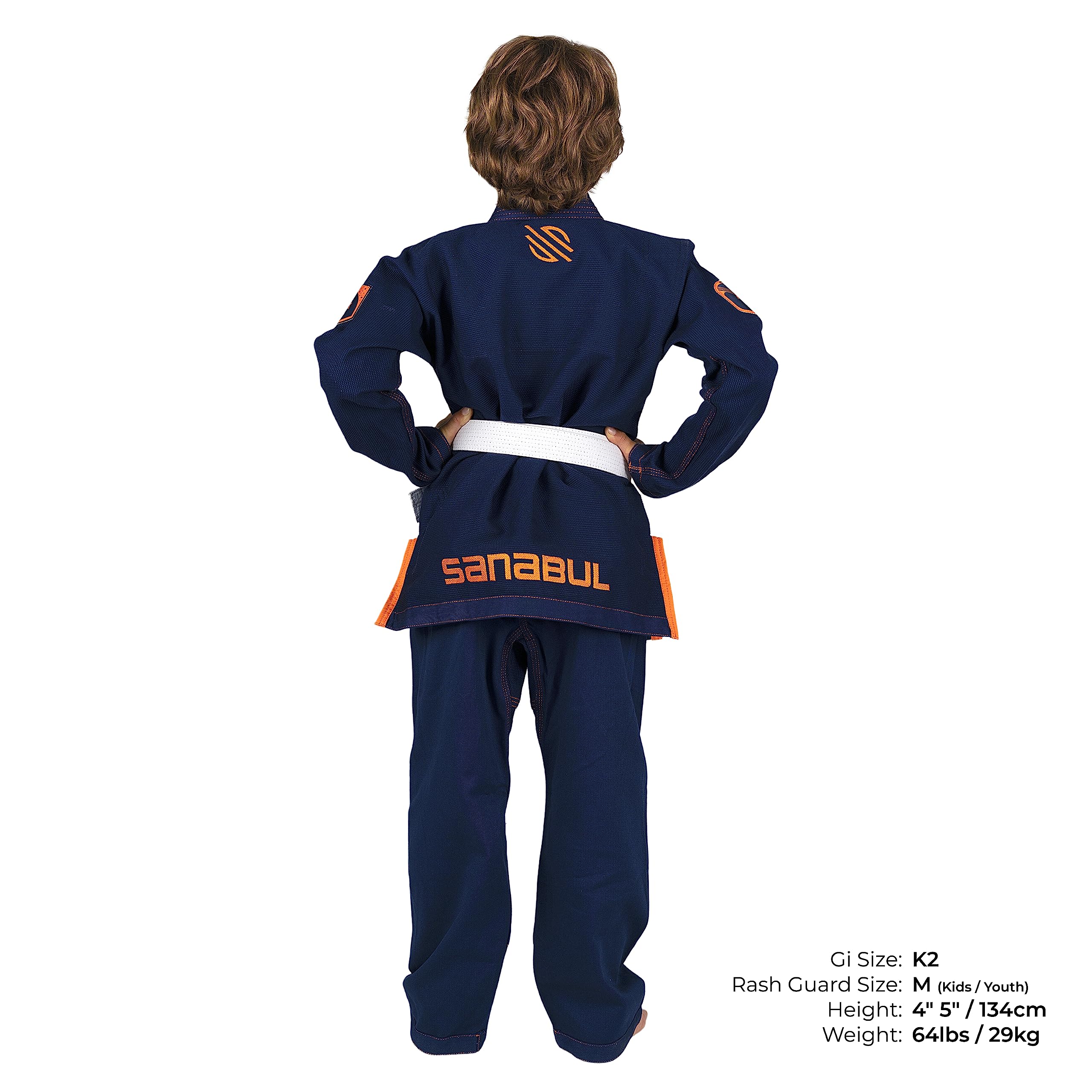 Sanabul Future Legends BJJ Gi for Kids Jiu Jitsu Gi Kimono for Children Youth Preshrunk Fabric & BJJ White Belt Included - Navy/Orange, K4