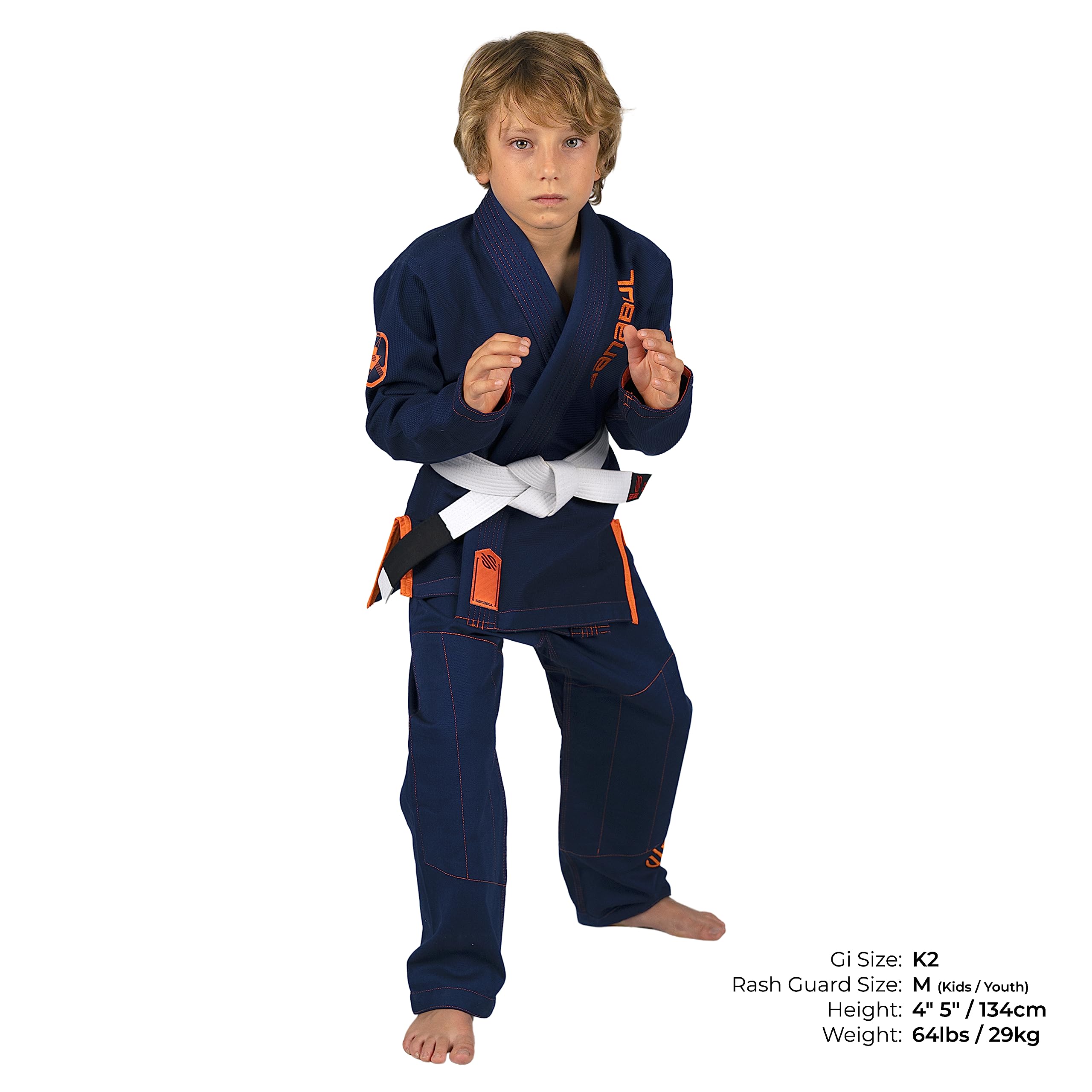 Sanabul Future Legends BJJ Gi for Kids Jiu Jitsu Gi Kimono for Children Youth Preshrunk Fabric & BJJ White Belt Included - Navy/Orange, K4