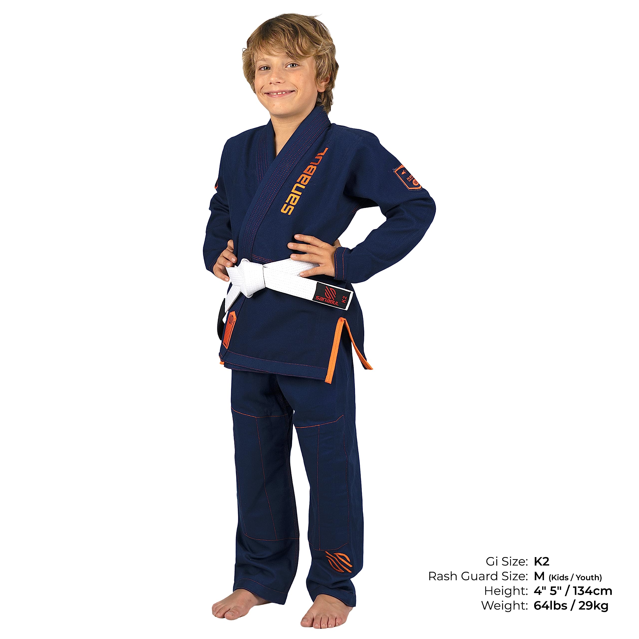 Sanabul Future Legends BJJ Gi for Kids Jiu Jitsu Gi Kimono for Children Youth Preshrunk Fabric & BJJ White Belt Included - Navy/Orange, K4