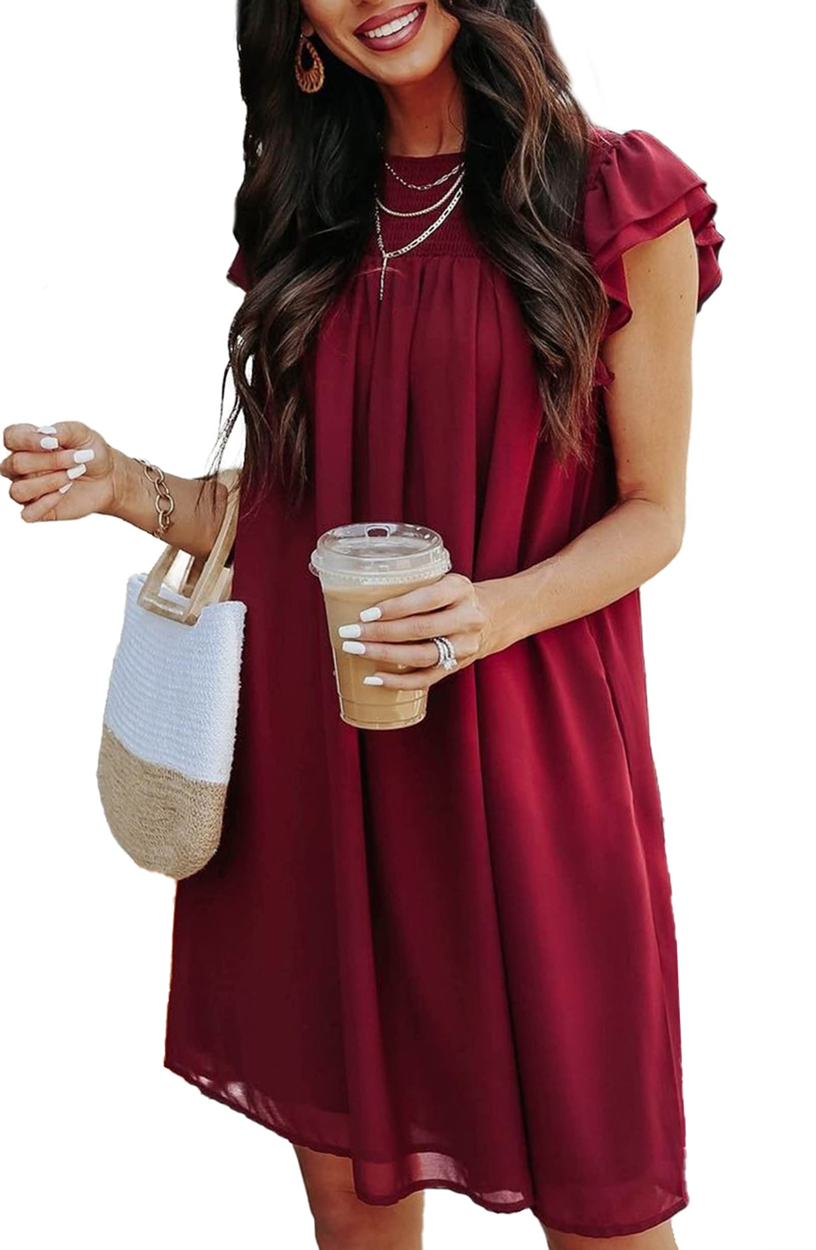 KIRUNDO Wedding Guest Shift Dresses for Women Short Spring Summer Ruffle Cap Sleeve Chiffon Babydoll Flowy Mini Sundress(Jujube Red, Medium)