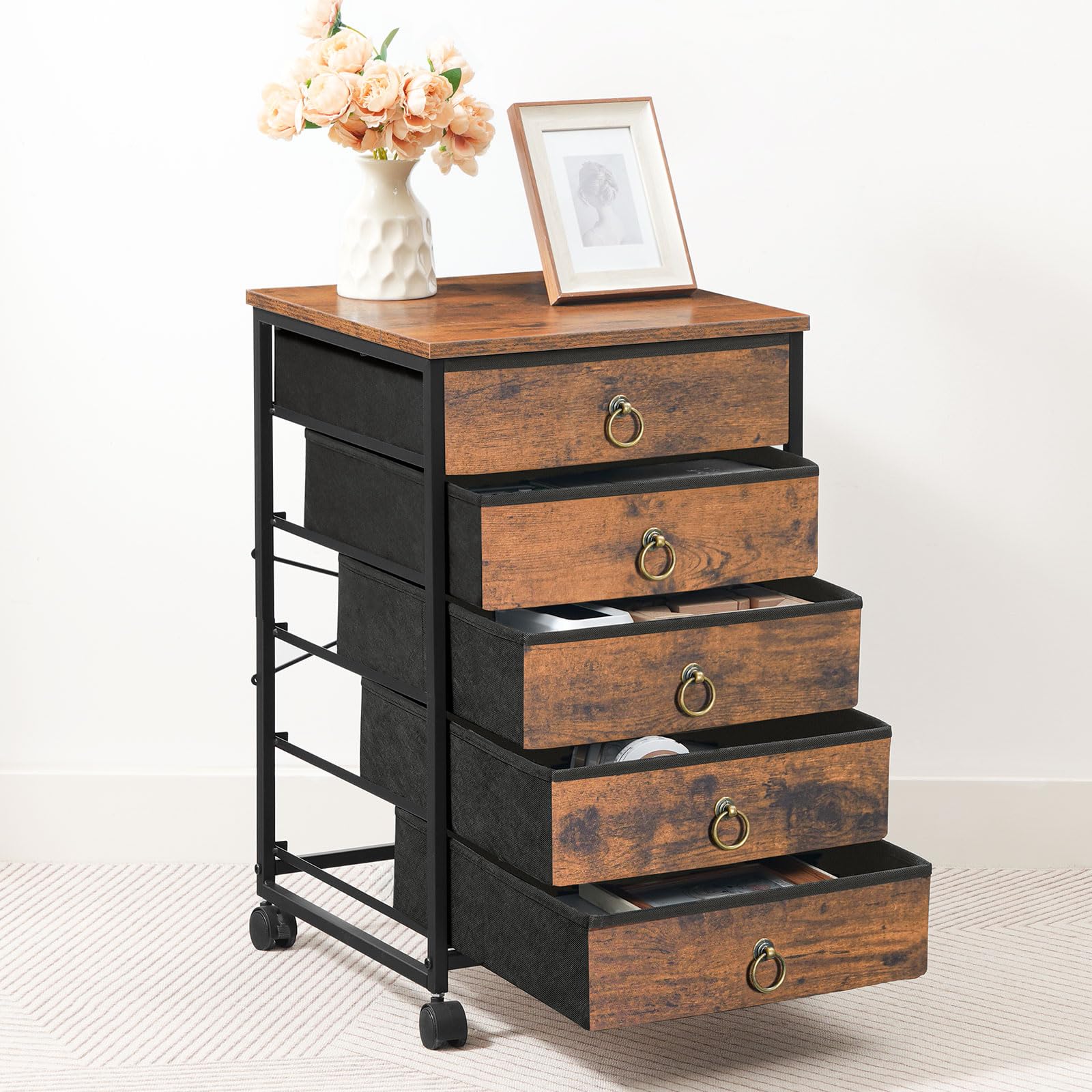 HOOBRO 5-Drawer Chest, File Cabinet, Office Cabinet with Drawers, Rolling Printer Stand, Filing Cabinet for Living Room, Home Office, Nonwovens Drawer, Easy Assembly, Rustic Brown BF50WJ01