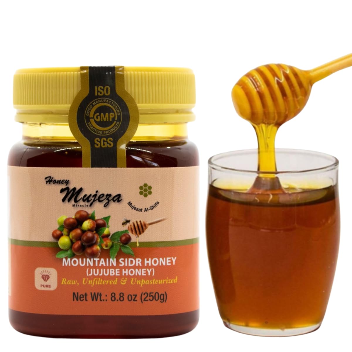 Authentic Mountain Sidr Honey- عسل سدر جبلي أصلي - Jujube Honey, Equal to Manuka Effectiveness Gluten Free 100% Natural Raw Liquid Honey (250g / 8.8oz) عسل المعجزه