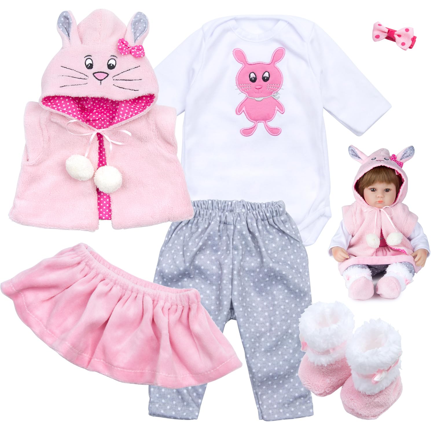 Reborn Baby Doll Clothes fit 16-18 Inch Reborn Dolls Girl Cute Pink Rabbit Thick Coat Dolls Clothes Outfits Set 4 Pieces of Pack