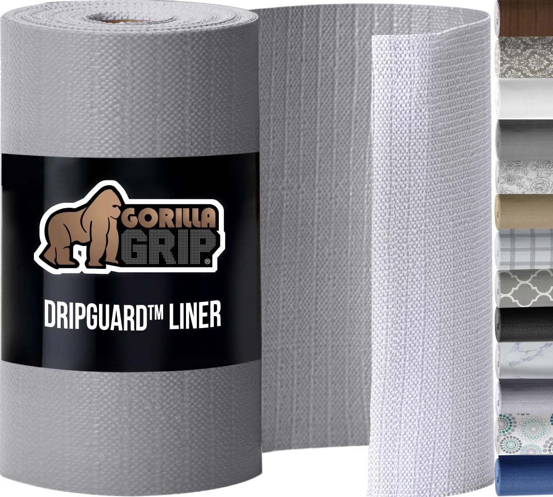 GORILLA GRIP DripGuard Drawer and Shelf Liner for Cabinet, Slip Resistant Non Adhesive Protection for Kitchen, BPA Free Smooth Surface Plastic Liners for Cabinets, Bathroom Drawers, 12x20, Gray