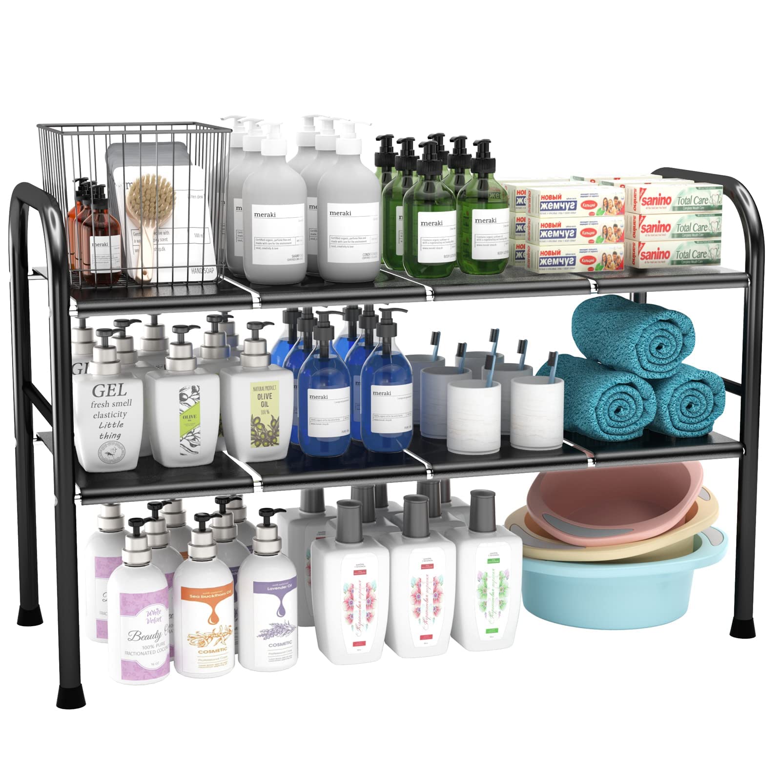 ATIDIE Under Sink Organizers and Storage, 2 Tier Under Sink organizer Expandable Cabinet Shelf Organizer with 8 Detachable Panels for Kitchen Bathroom Storage