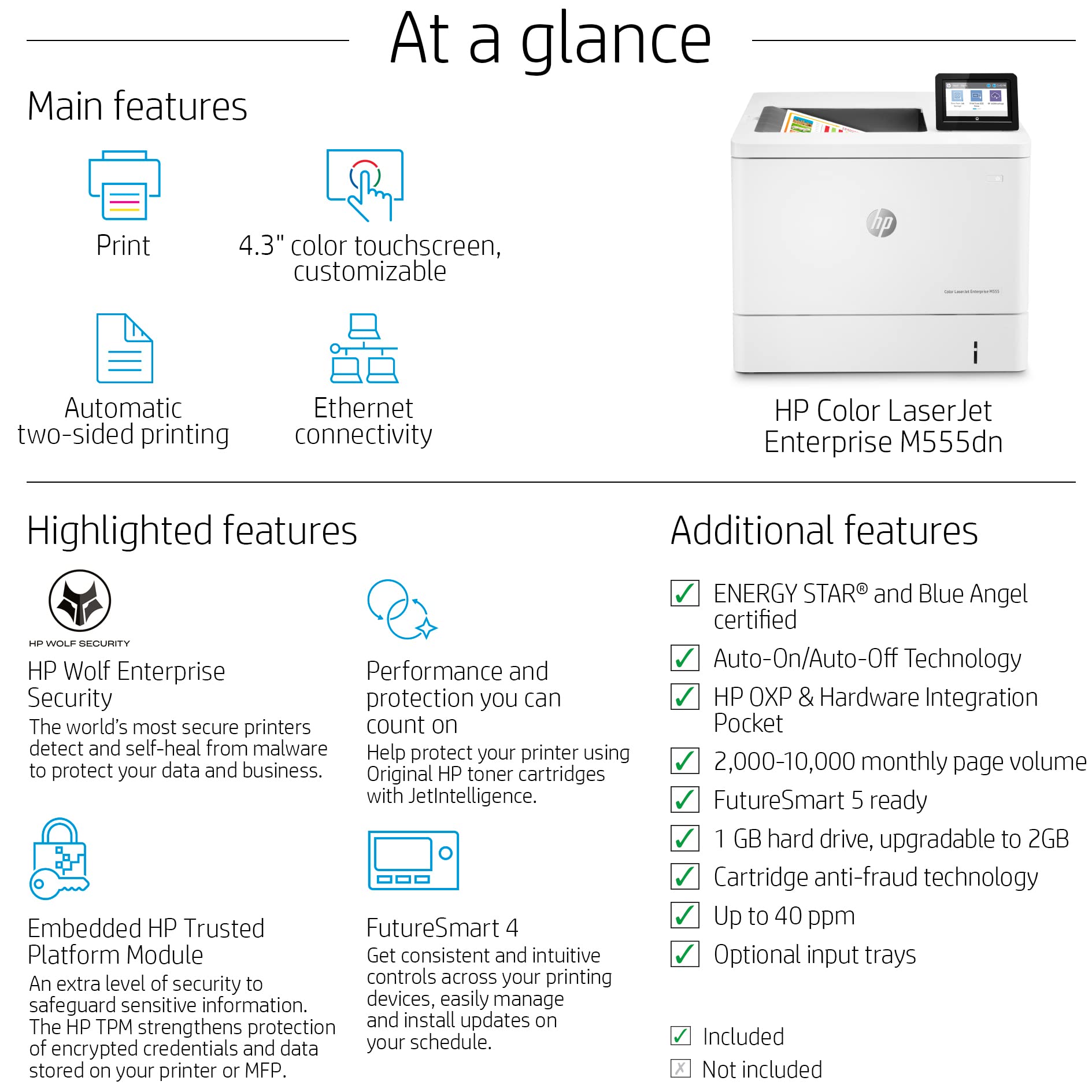 HP Color Laserjet Enterprise M555dn Single-Function Wired Ethernet Laser Printer, White - Print only - 4.3" Touchscreen Display, 40 ppm, 600 x 600 dpi, Auto Duplex Printing, USB, Cbmou Printer Cable