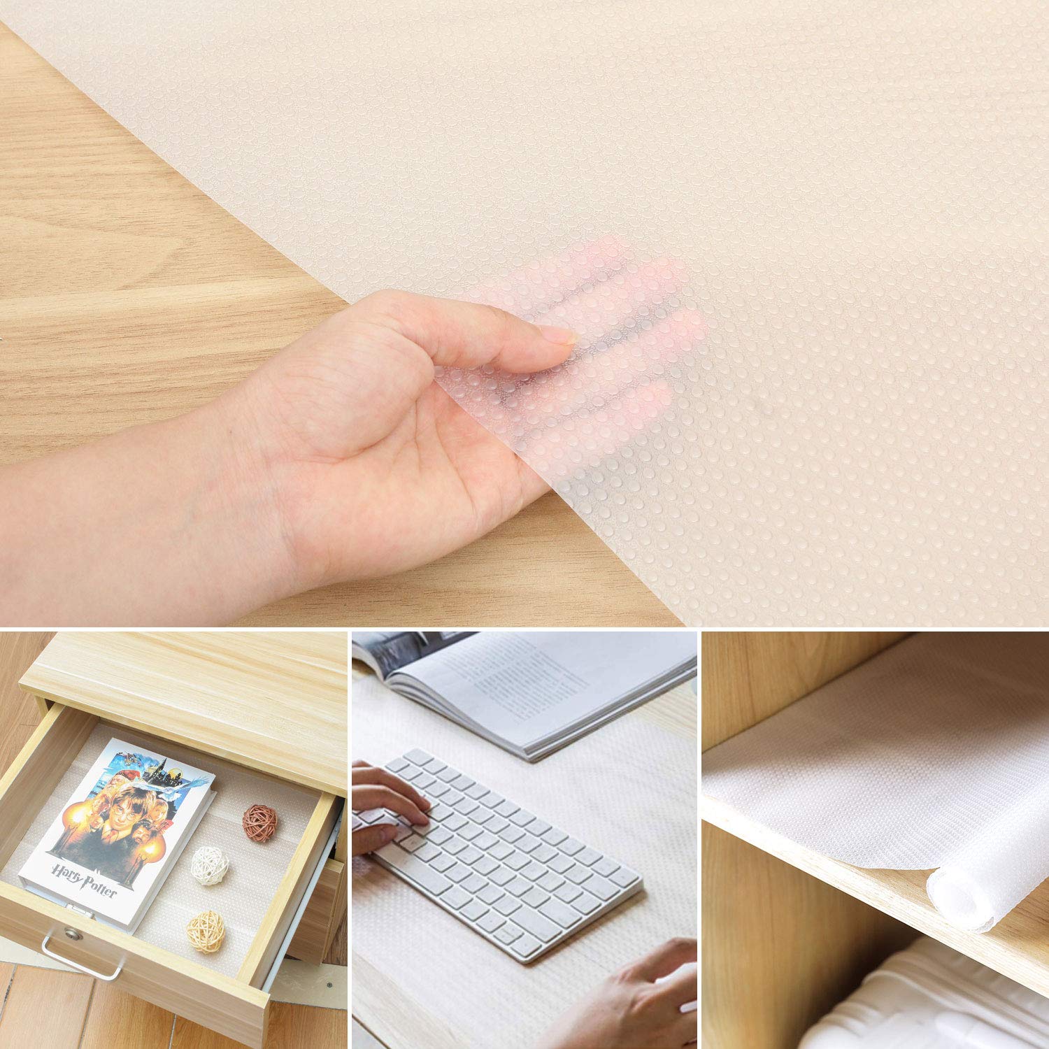 4 Rolls EVA Plastic Shelf Liner, Non-Adhesive Cabinet Drawer Shelf Liner, Non-Slip Fridge Liner, Kitchen Drawer Mats Cupboard Shelf Liner for Kitchen Home β (15.7 in x 6.56ft)/Roll, Clear