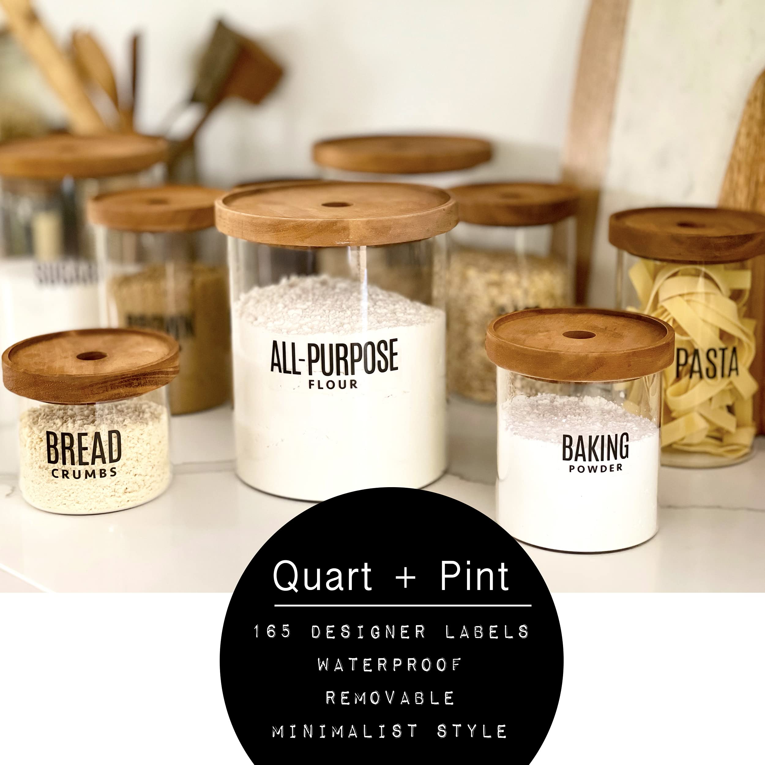 QUART + PINT 165 Modern Kitchen Pantry Labels for Containers. Preprinted Clear Minimalist Stickers with Black Text. Waterproof Vinyl Stickers. Organization Labels for Jars Canisters & Storage Bins.