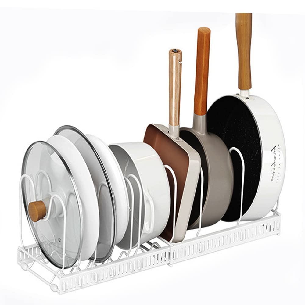 S SNUOY Pot and Pan Organizer Expandable Pan Lid Organizer Rack for Cabinet Pot Lid Holder Rack with 10 Adjustable Compartment for Pot Lids Cutting Boards,White