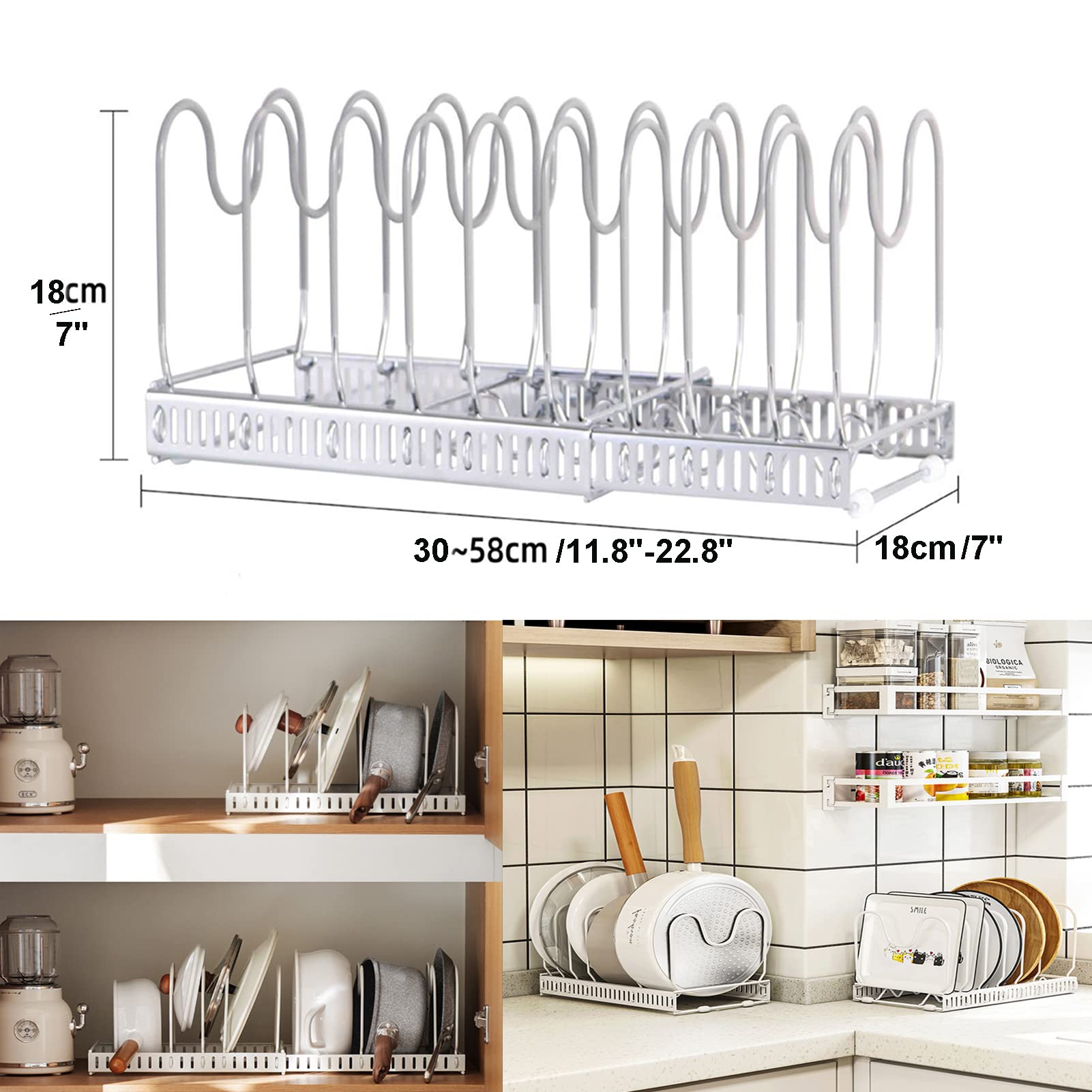 S SNUOY Pot and Pan Organizer Expandable Pan Lid Organizer Rack for Cabinet Pot Lid Holder Rack with 10 Adjustable Compartment for Pot Lids Cutting Boards,White