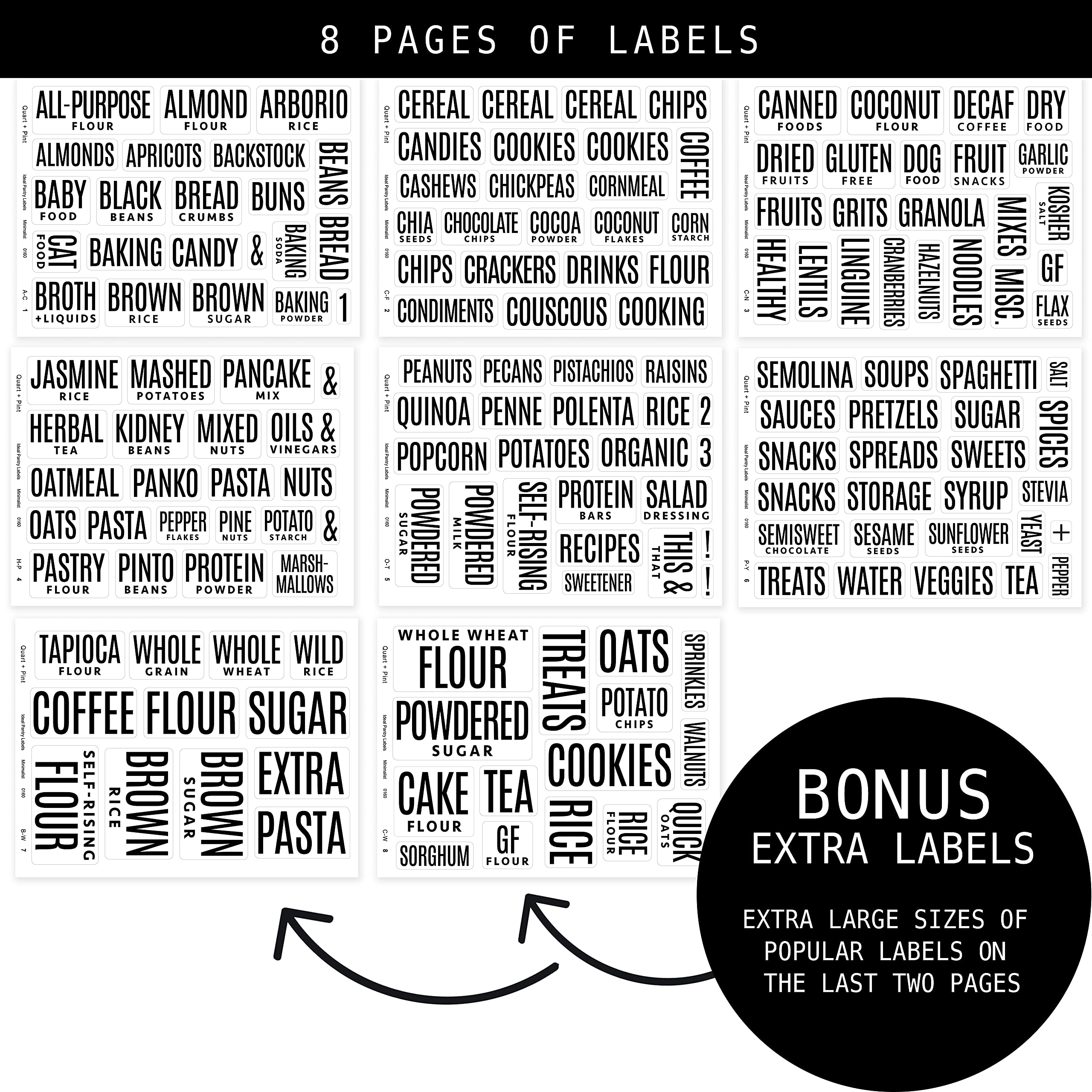 QUART + PINT 165 Modern Kitchen Pantry Labels for Containers. Preprinted Clear Minimalist Stickers with Black Text. Waterproof Vinyl Stickers. Organization Labels for Jars Canisters & Storage Bins.
