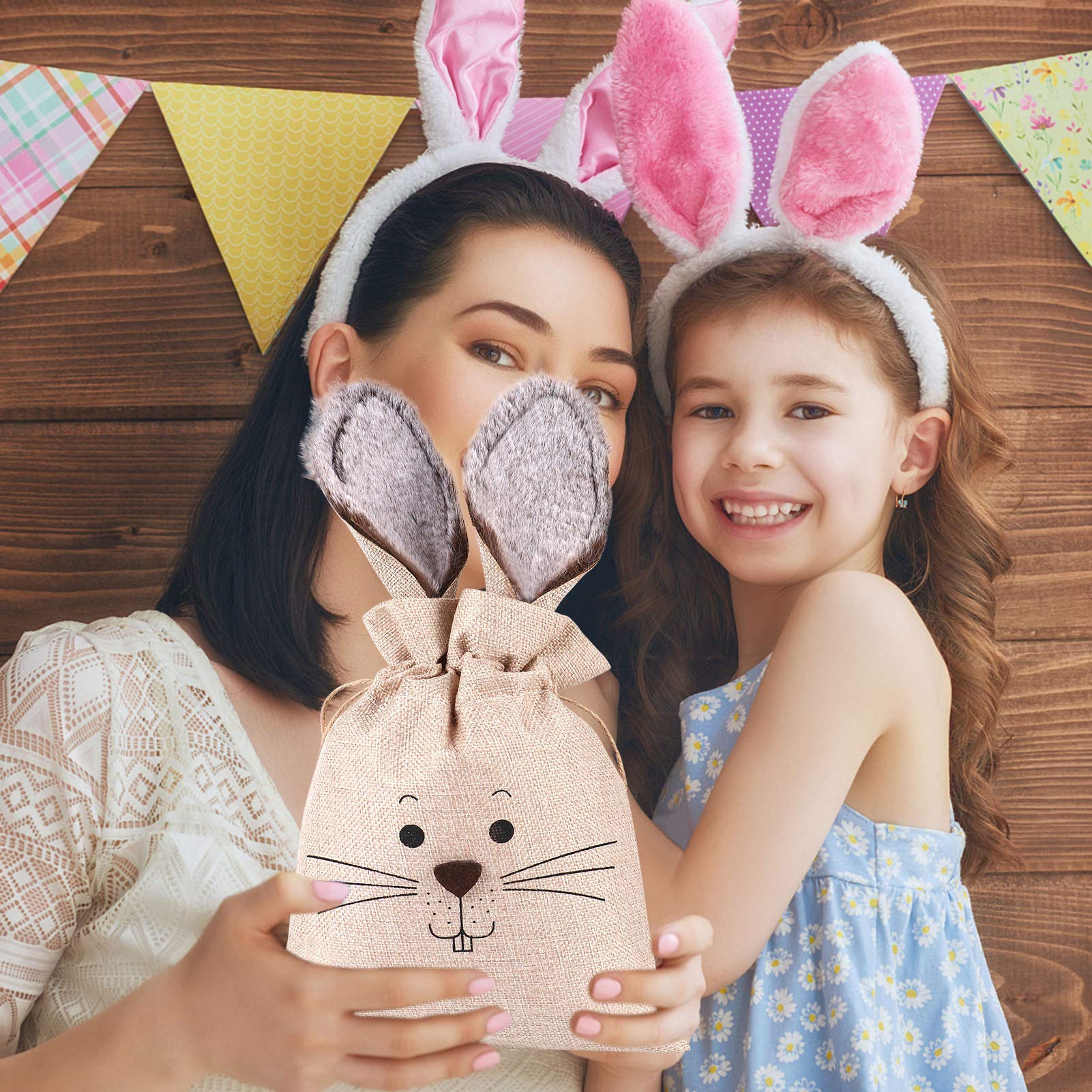 3 Pack Easter Burlap Bags Easter Bunny Tote with Drawstring Furry Bunny Ears Rabbit Easter Egg Hunts Goody Candy Treat Gift Storage Bags Kids Girls Easter Party Favor Bags(8" x 10.2")