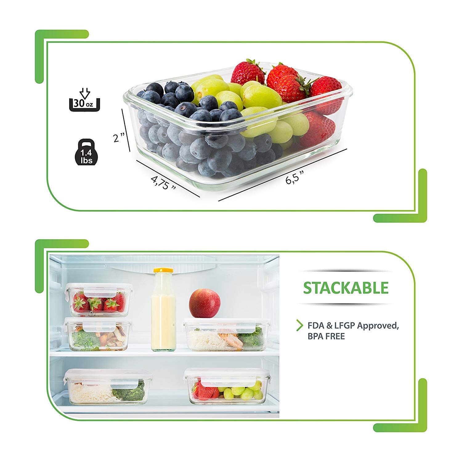 [5-pack, 30oz] Glass Container Food Storage Containers with Lids - Leak Proof Meal Prep Container Glass Lunch Containers - Freezer Containers Microwave Oven Dishwasher Safe