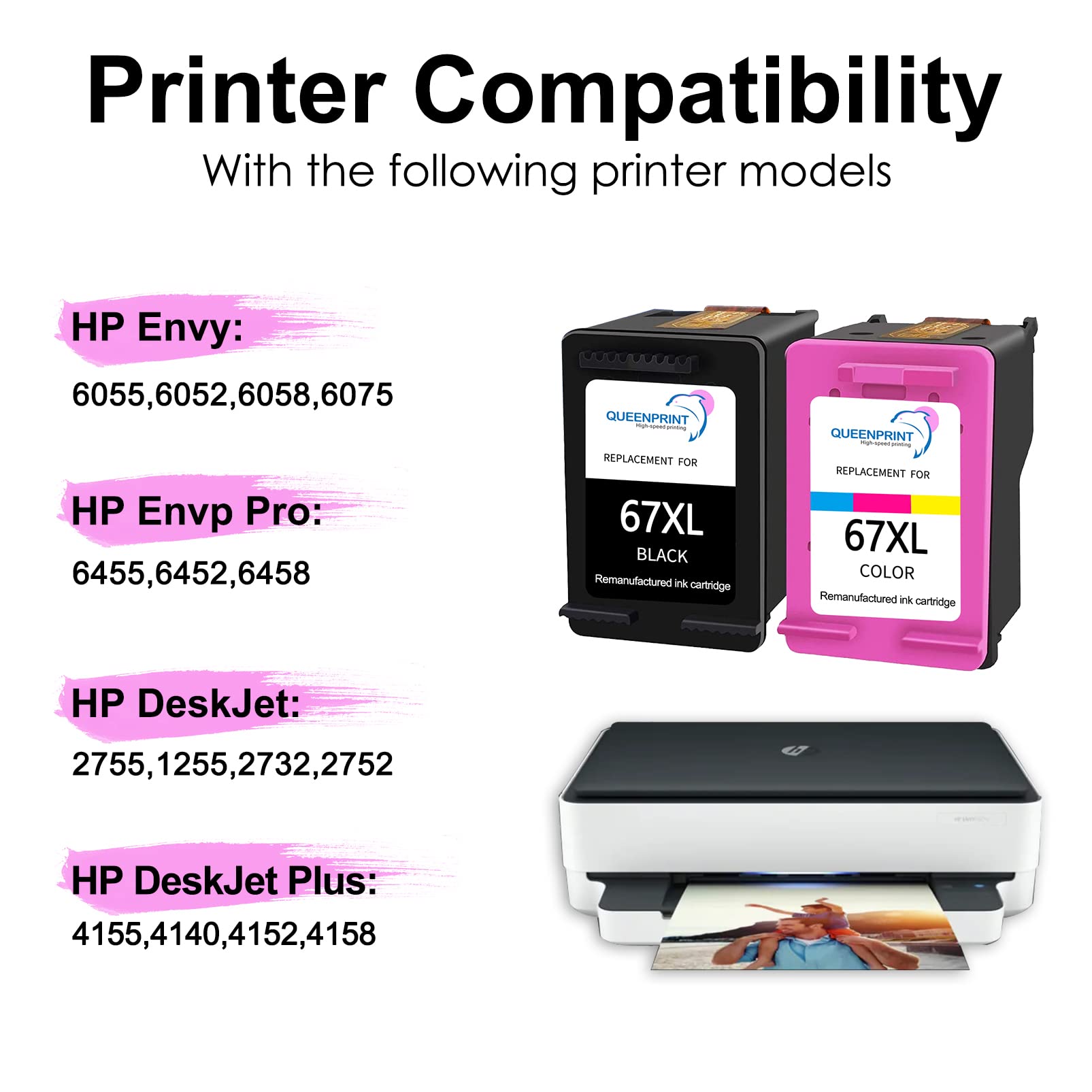 QUEENPRINT for HP 67XL Ink Cartridges Replacement for HP 67 67XL 67 XL Combo Pack for Envy Pro 6055 6455e 6055e 6400 6452 6052 6455 DeskJet 4100 2700 2742e 2755e 2752 4152 4155e (Black Tri-Color)