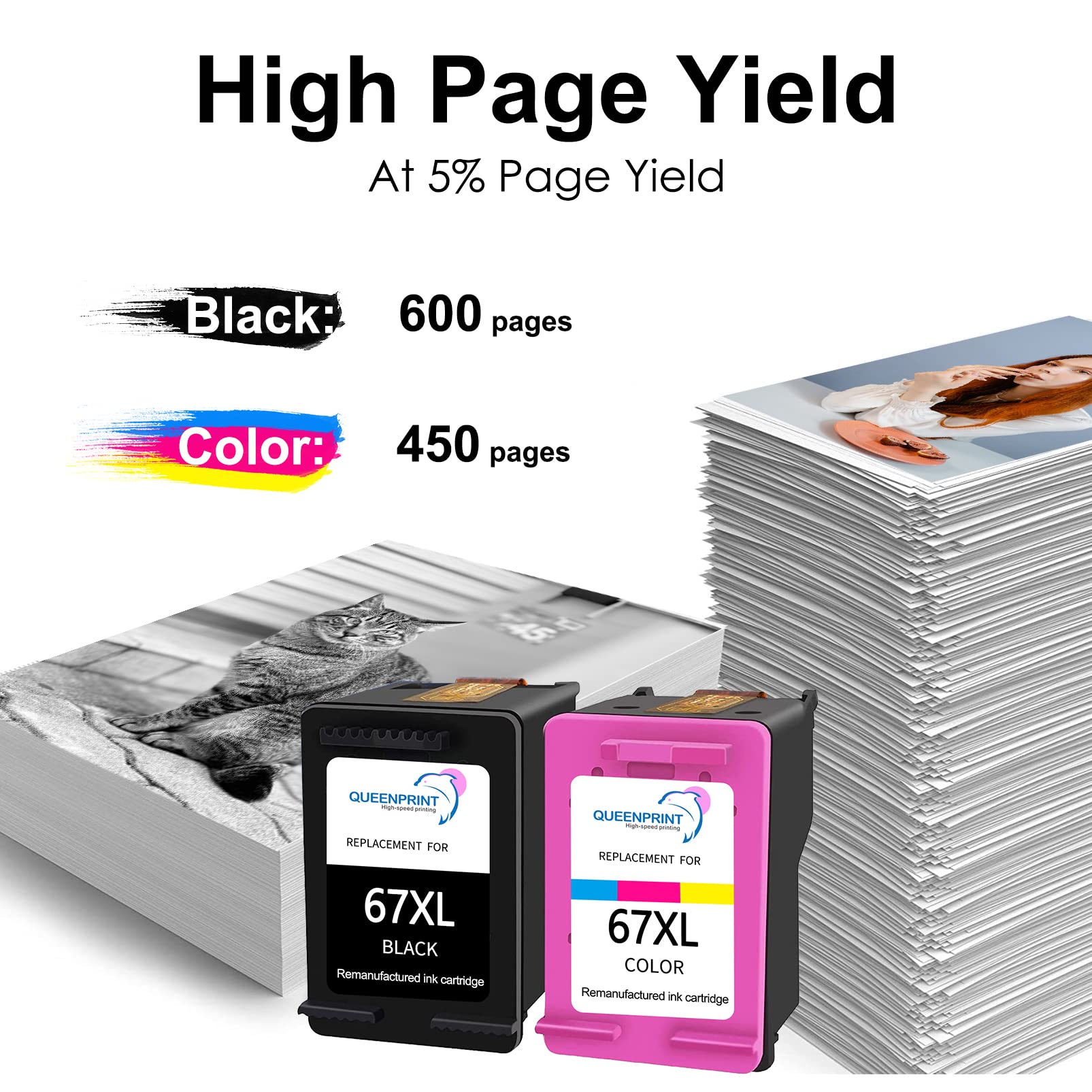 QUEENPRINT for HP 67XL Ink Cartridges Replacement for HP 67 67XL 67 XL Combo Pack for Envy Pro 6055 6455e 6055e 6400 6452 6052 6455 DeskJet 4100 2700 2742e 2755e 2752 4152 4155e (Black Tri-Color)
