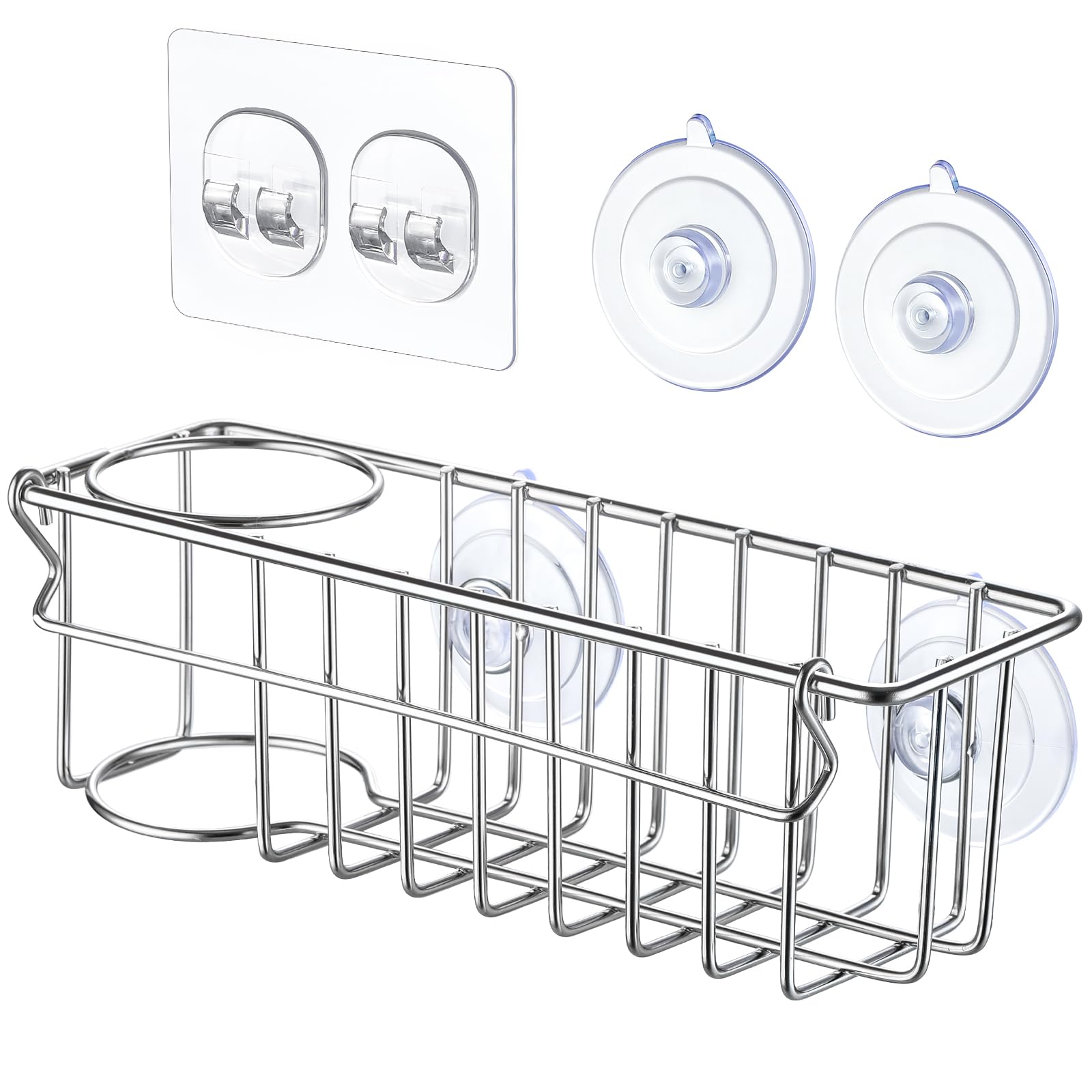 3-In-1 Sponge Holder for Kitchen Sink, 2 Type Suspension Options (Suction Cups & Adhesive Hook), Hanging Sink Caddy Organizer Rack - Sponge, Dish Cloth, Brush, Scrubber, Soap Tray, 304 Stainless Steel