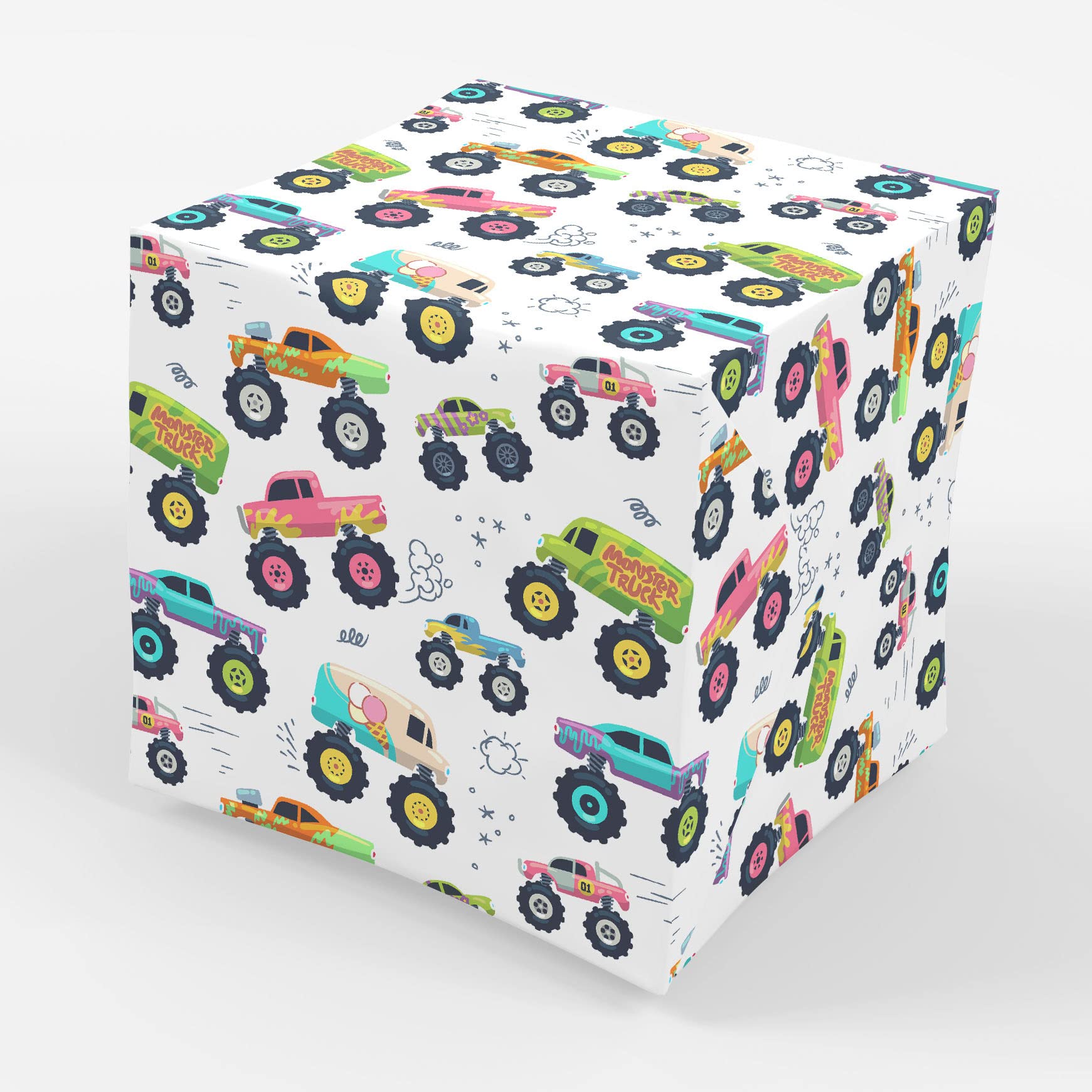 Monster Truck Party Birthday Gift Wrap Paper Folded Flat 30 x 20 Inch, 3 Sheets