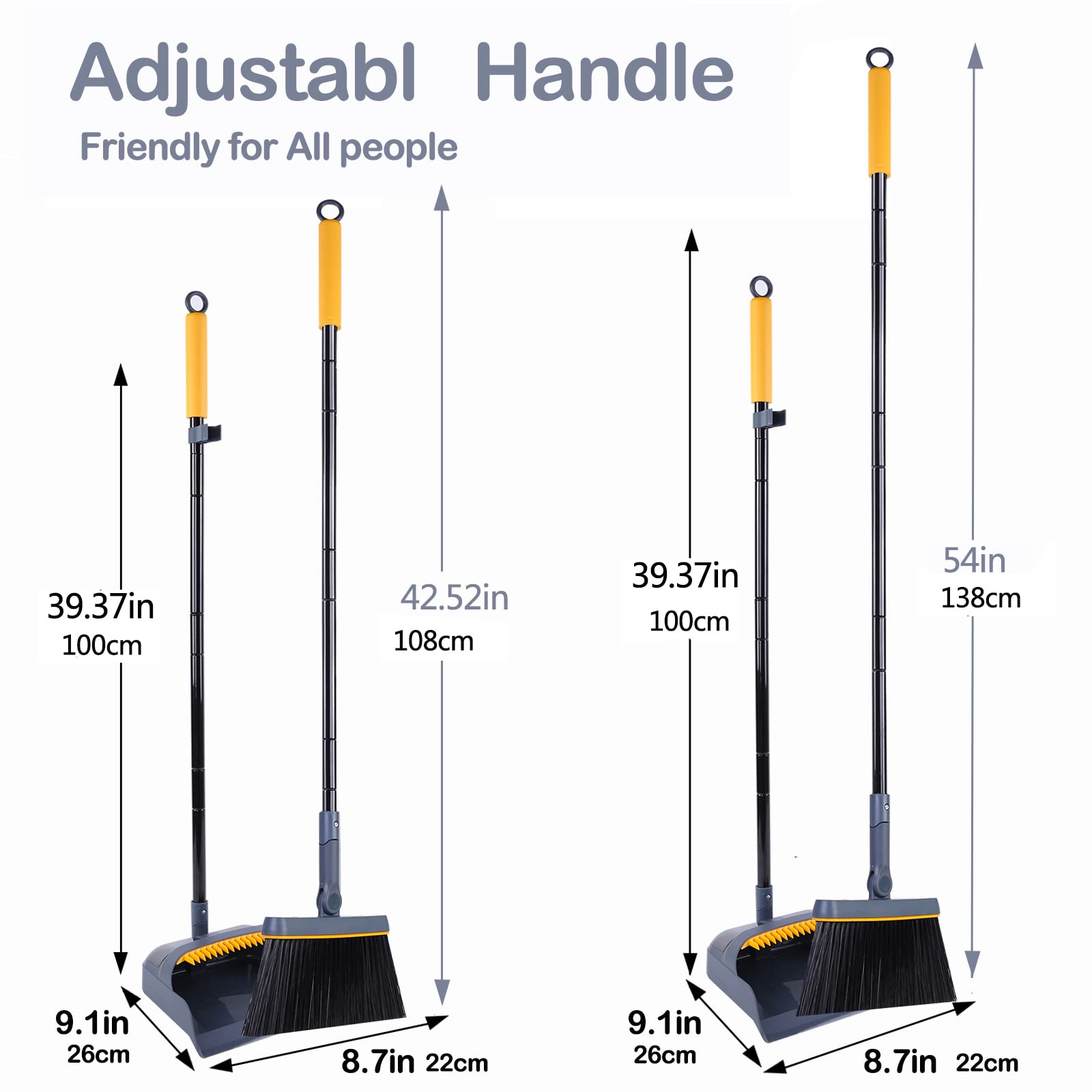JEHONN Broom and Dustpan Set for Home, 54 Inches Long Handle Lightweight 180 Degree Rotating Indoor Upright Standing Dust Pan with Comb Teeth, Store Sweep Set for Room Kitchen Lobby Office