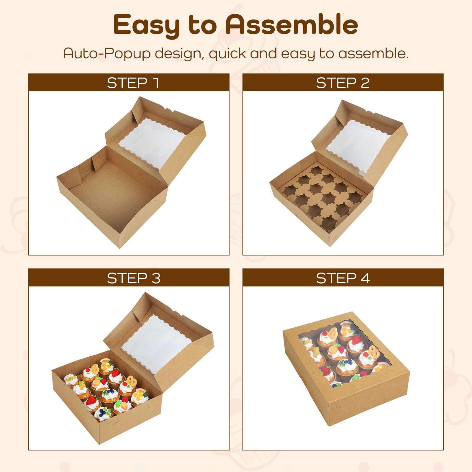 Tcoivs 15-Set Cupcake Boxes Hold 12 Standard Cupcakes, Cupcake Containers with Windows and Inserts, Brown Cupcake Carrier, Food Grade Kraft Cupcake Holders