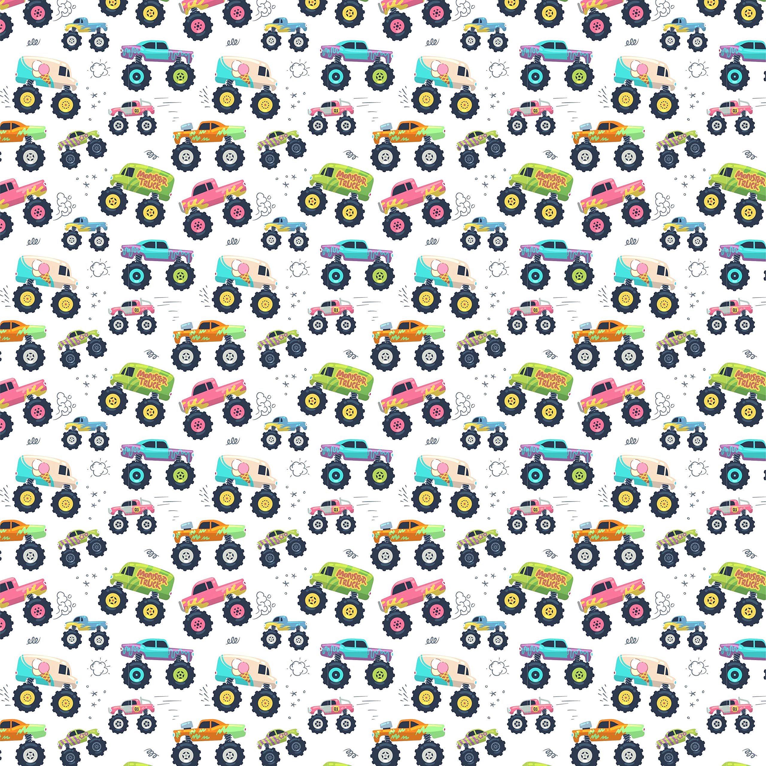 Monster Truck Party Birthday Gift Wrap Paper Folded Flat 30 x 20 Inch, 3 Sheets
