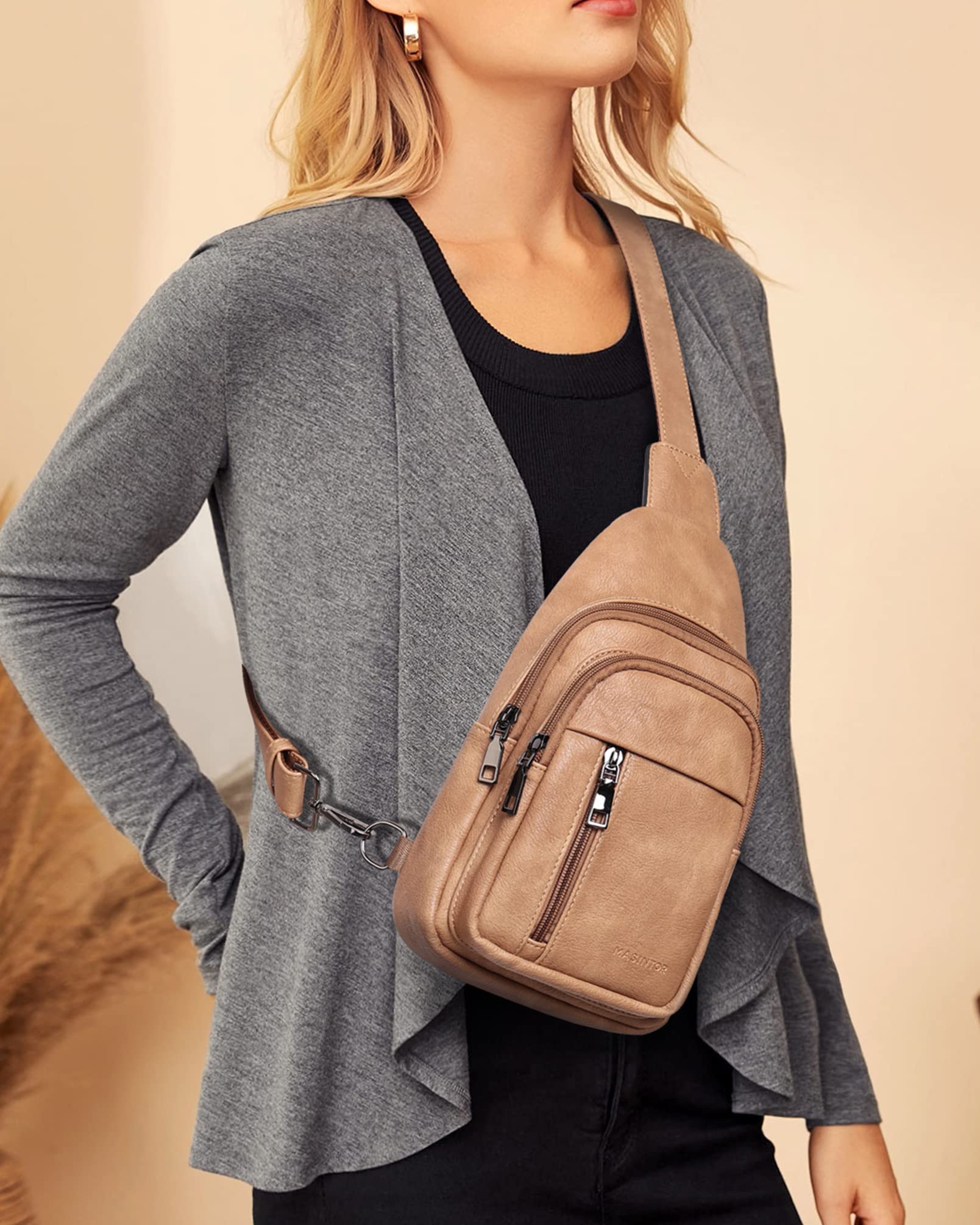 MASINTOR Sling Bag for Women - Crossbody Bags Fanny Pack with Vegan Leather - Adjustable Sling Backack for Travel Camel Brown