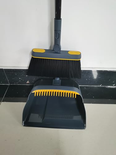 JEHONN Broom and Dustpan Set for Home, 54 Inches Long Handle Lightweight 180 Degree Rotating Indoor Upright Standing Dust Pan with Comb Teeth, Store Sweep Set for Room Kitchen Lobby Office