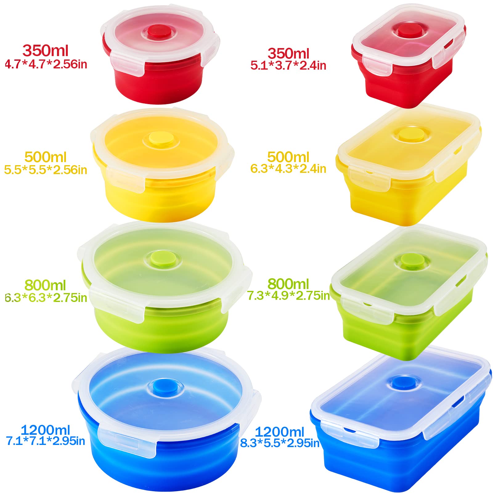 Mimorou 8 Pack Collapsible Food Storage Containers Silicone Lunch with Lids, 4 Pcs Rectangle Bowls and Round Bowls, Microwave Freezer Dishwasher Foldable
