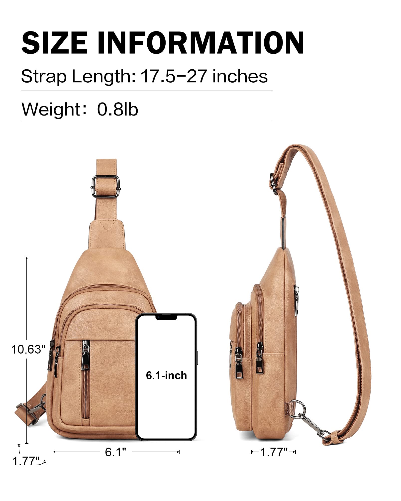 MASINTOR Sling Bag for Women - Crossbody Bags Fanny Pack with Vegan Leather - Adjustable Sling Backack for Travel Camel Brown