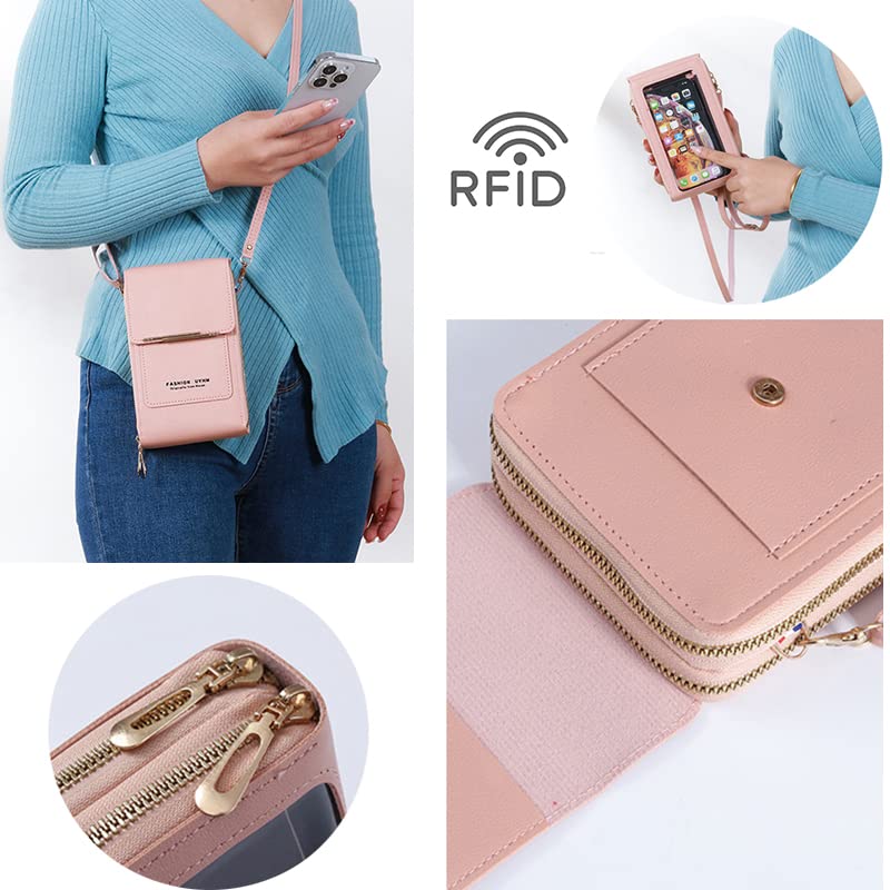 Cooking Coll Anti-Theft Leather Bag,Small Crossbody Cell Phone Purse Wallet for Women,Touchscreen with Shoulder Strap,RFID Blocking Messenger Handbag Credit Card Slots, Dark Pink