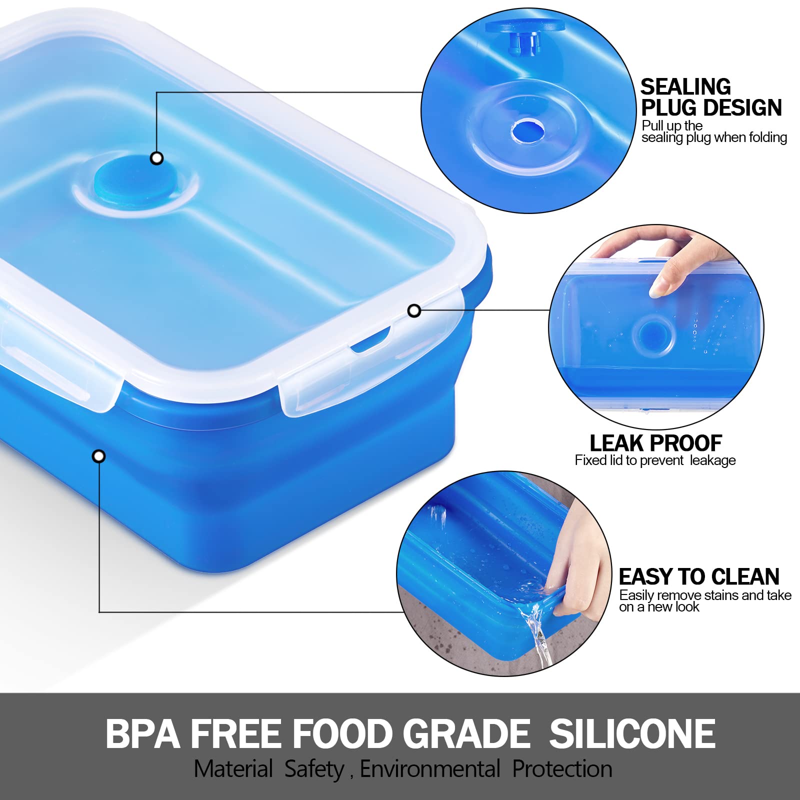 Mimorou 8 Pack Collapsible Food Storage Containers Silicone Lunch with Lids, 4 Pcs Rectangle Bowls and Round Bowls, Microwave Freezer Dishwasher Foldable