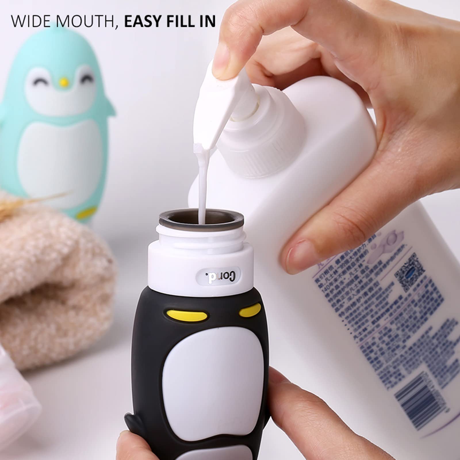 Heicat Travel Bottles Set for Liquids, TSA Approved Leak Proof Silicone Cosmetic Travel Containers, for Shampoo, Conditioner, Lotion, Toiletries 3OZ (Penguin)