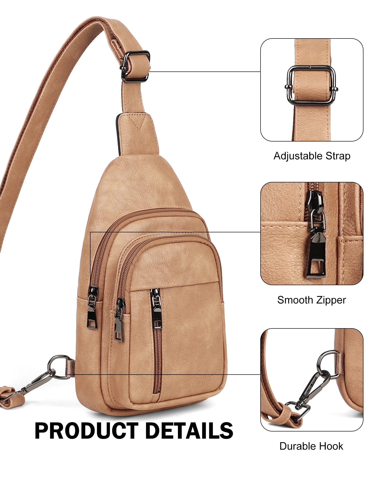 MASINTOR Sling Bag for Women - Crossbody Bags Fanny Pack with Vegan Leather - Adjustable Sling Backack for Travel Camel Brown