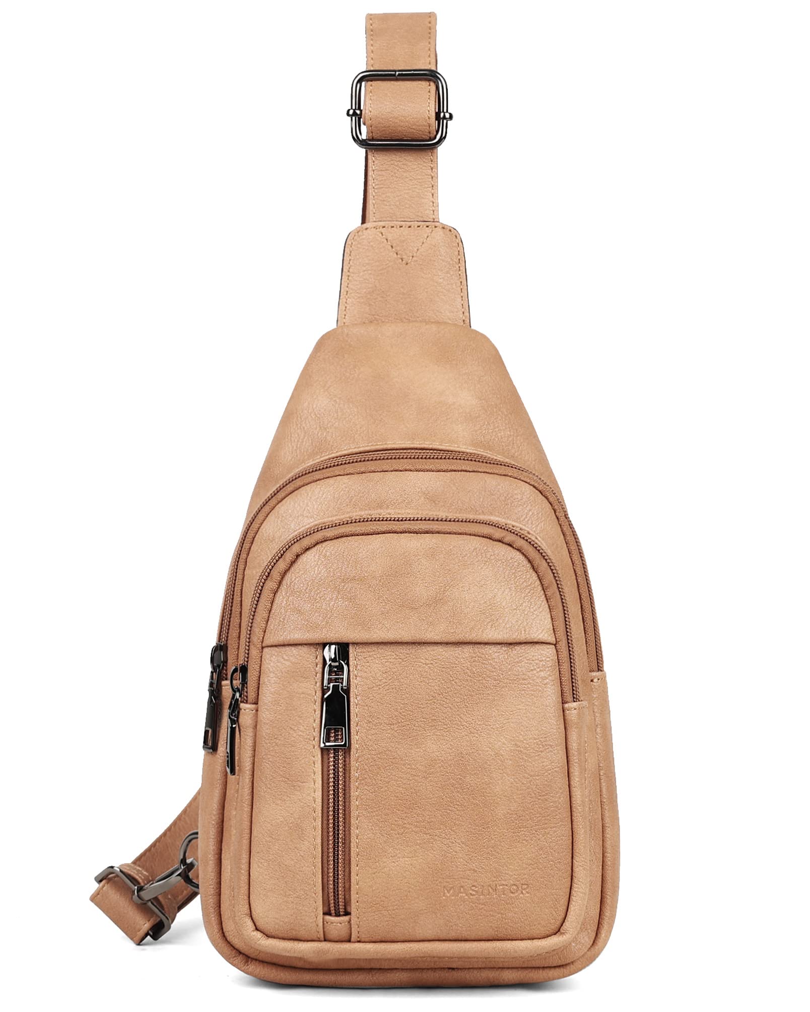 MASINTOR Sling Bag for Women - Crossbody Bags Fanny Pack with Vegan Leather - Adjustable Sling Backack for Travel Camel Brown