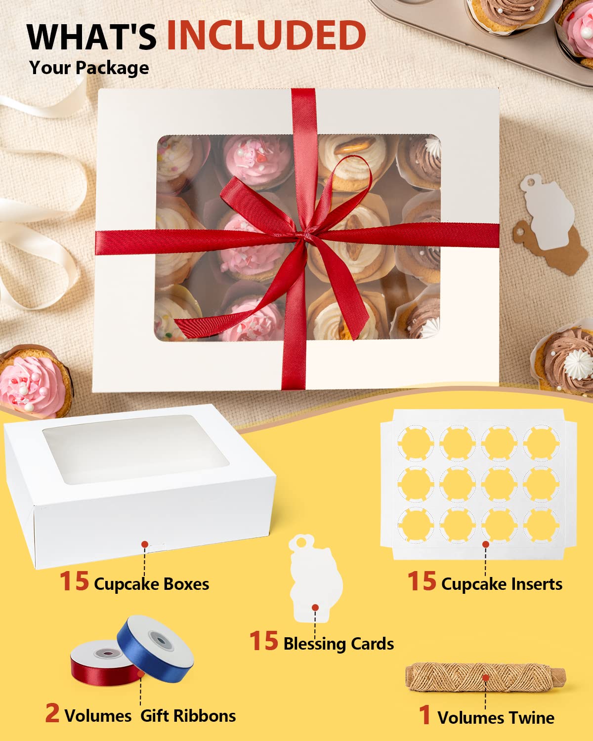 katbite Cupcake Boxes, 15-Set Cupcake Containers 12 Count, Food Grade Kraft Thick Cupcake Carrier Boxes with 2 Color Gift Ribbons, Twine, Cards and Inserts to Hold Cupcakes, Pastries and Cookies