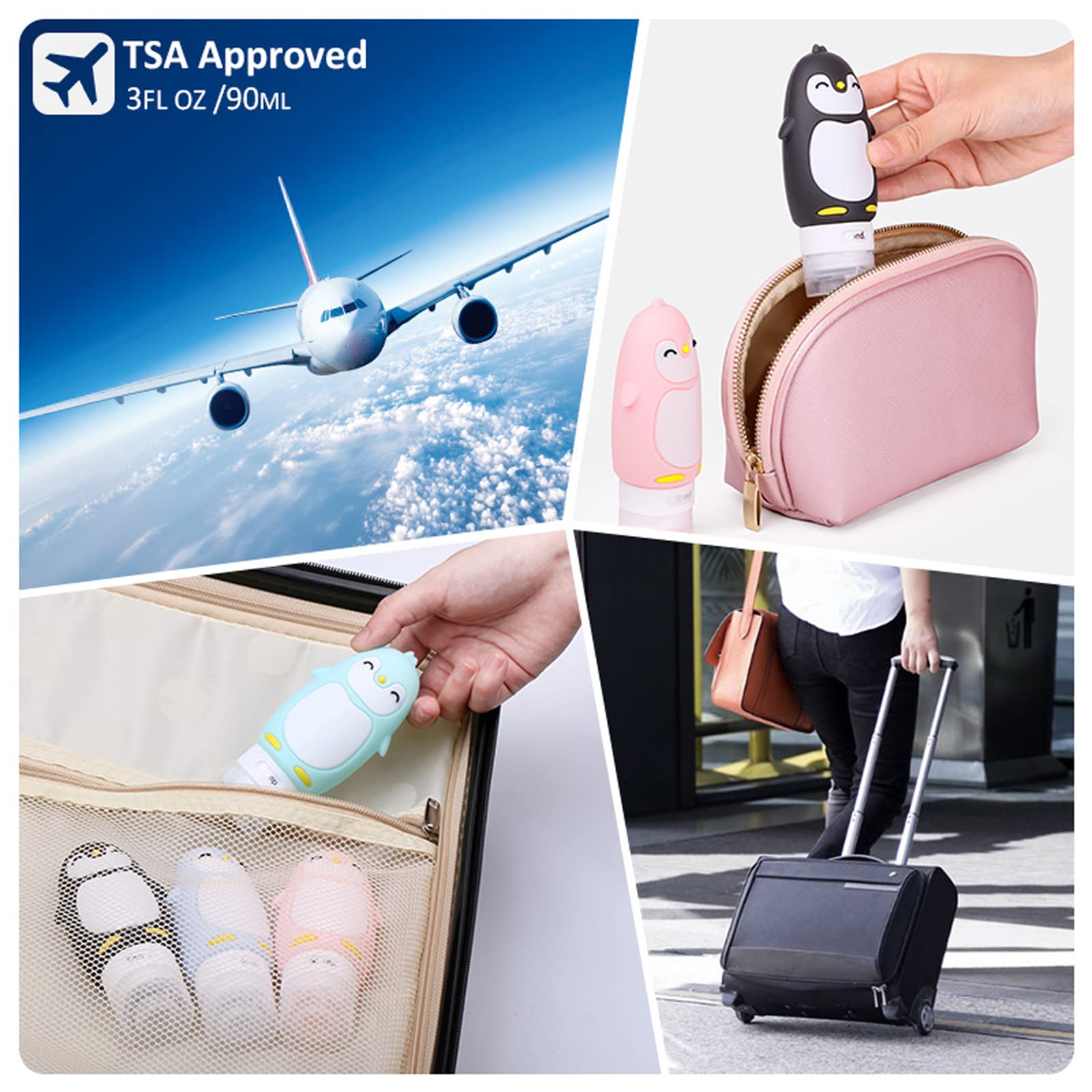 Heicat Travel Bottles Set for Liquids, TSA Approved Leak Proof Silicone Cosmetic Travel Containers, for Shampoo, Conditioner, Lotion, Toiletries 3OZ (Penguin)