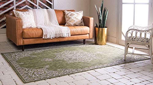 Unique Loom Collection Traditional Classic Heathered Center Medallion Indoor/Outdoor Flatweave Area Rug, Rectangular 4' 0" x 6' 0", Green/Gray