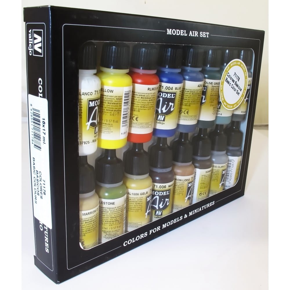 Vallejo Basic Colors: Acrylic 16 Airbrush Paint Set for Model & Hobby 71178