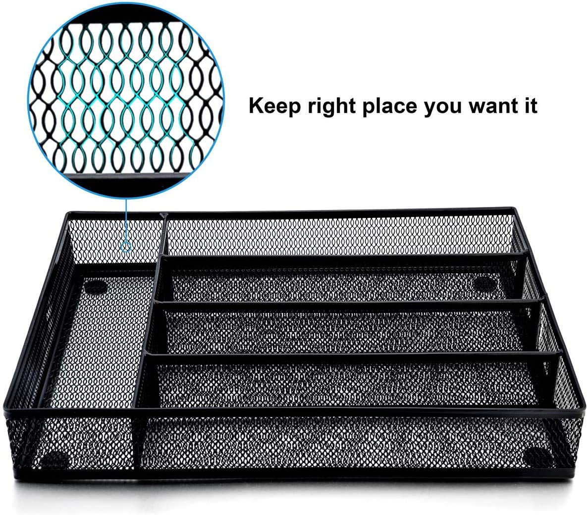 Ipanda Cutlery Tray, Cutlery Organizer, Non-Silp 5 Compartments Utensil Drawer Storage, Kitchen/Office, Steel Mesh Silverware Drawer/Holder/Divider (Black)