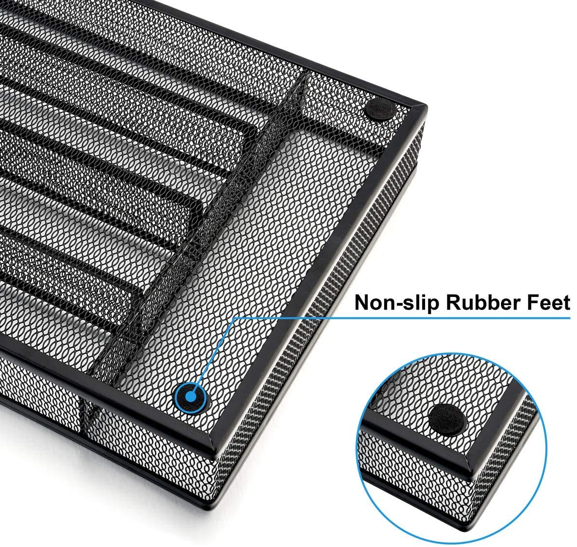 Ipanda Cutlery Tray, Cutlery Organizer, Non-Silp 5 Compartments Utensil Drawer Storage, Kitchen/Office, Steel Mesh Silverware Drawer/Holder/Divider (Black)