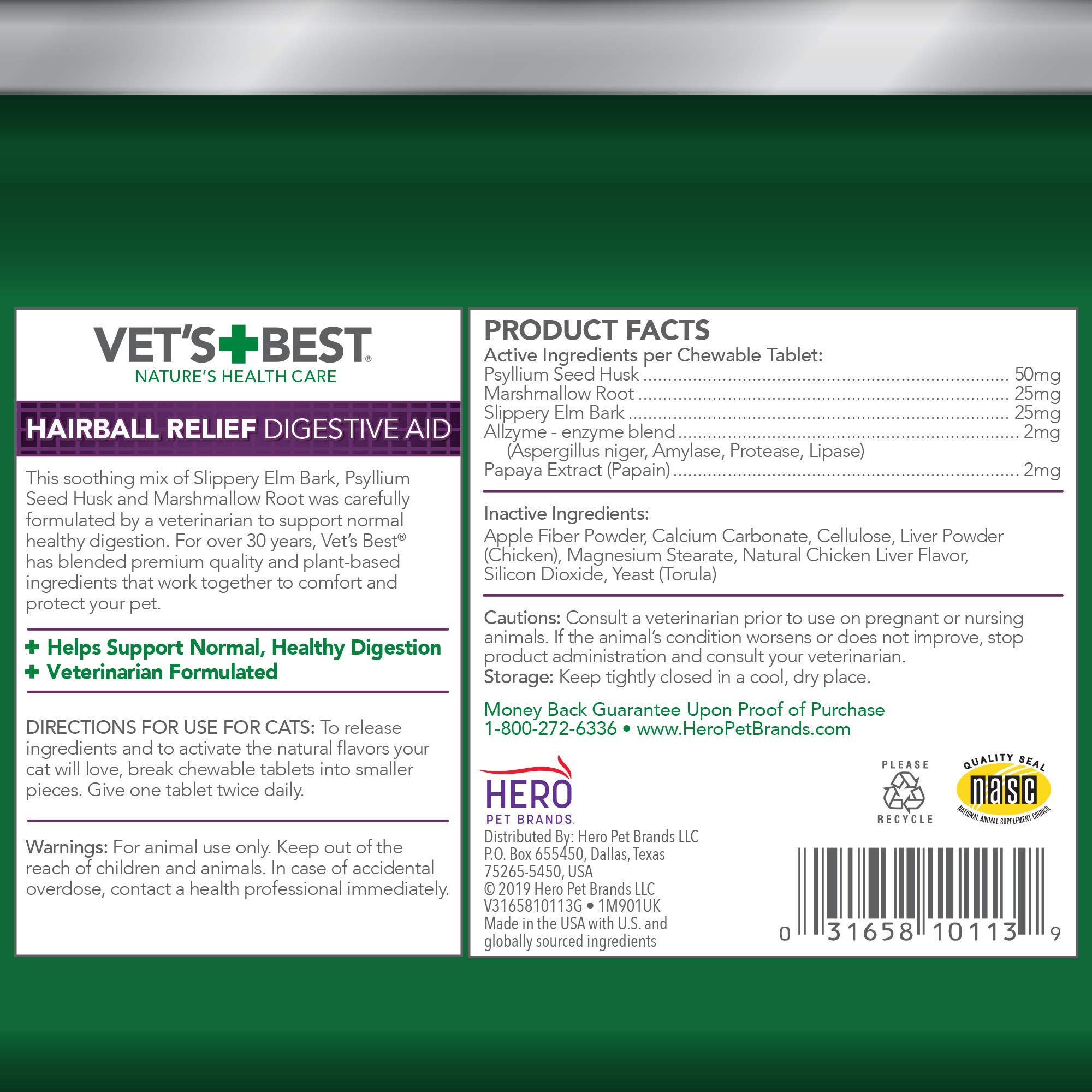 Vet’s Best Cat Hairball Relief Digestive Aid, Vet Formulated Hairball Support Remedy, Classic Chicken Flavor, 180 Chewable Tablets