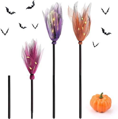 Halloween Witch Broom, LED Lighted Witch Broomstick, Glow in The Dark Witch Broom, Halloween Party Costume Decoration Cosplay Props for Halloween Costume Decoration (3 Pack)