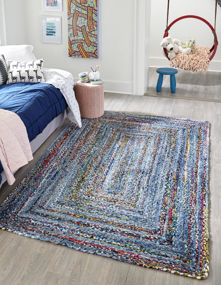 Unique Loom Braided Chindi Collection Casual Modern Blue/Dark Blue Area Rug (9' 0 x 12' 0)