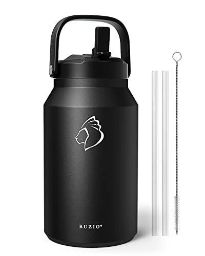 BUZIO 64oz Insulated Water Bottle with Straw Lid, Half Gallon Double Wall Vacuum Insulated Stainless Steel Water Bottle, 3.74" Wide Mouth BPA-Free Sweat-Proof Sports Water Flask, Keep Hot Cold, Black