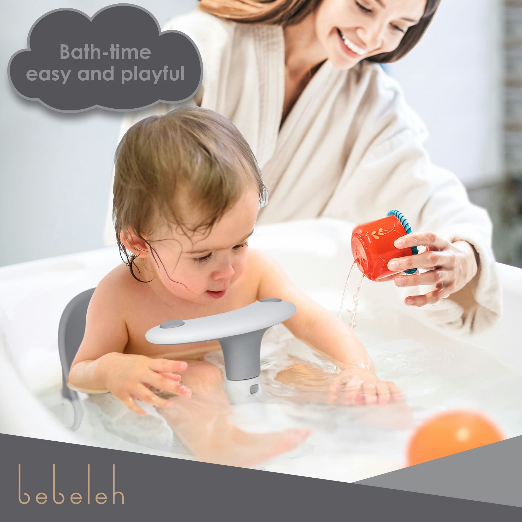 BEBELEH™ Baby Bath Seat [Original] – Baby Bath Portable Chair + Carry Bag + Baby Bath Thermometer – Compact and Foldable – Ultra Strong Suction Cups – Non-Slip Padding Infant Seat. Ideal Gift! (Grey)