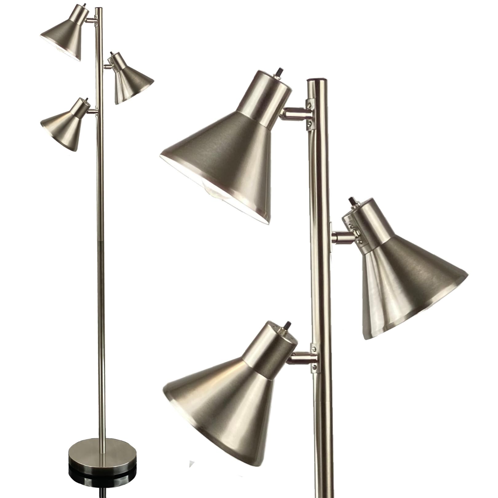 LIGHTACCENTS 3 Light Brushed Nickel Floor Lamp with 3 Adjustable Reading Room Lights - Tree Style Standing Lamp with Adjustable Lights - Floor Standing Pole Light - Living Room Lamp (Brushed Nickel)