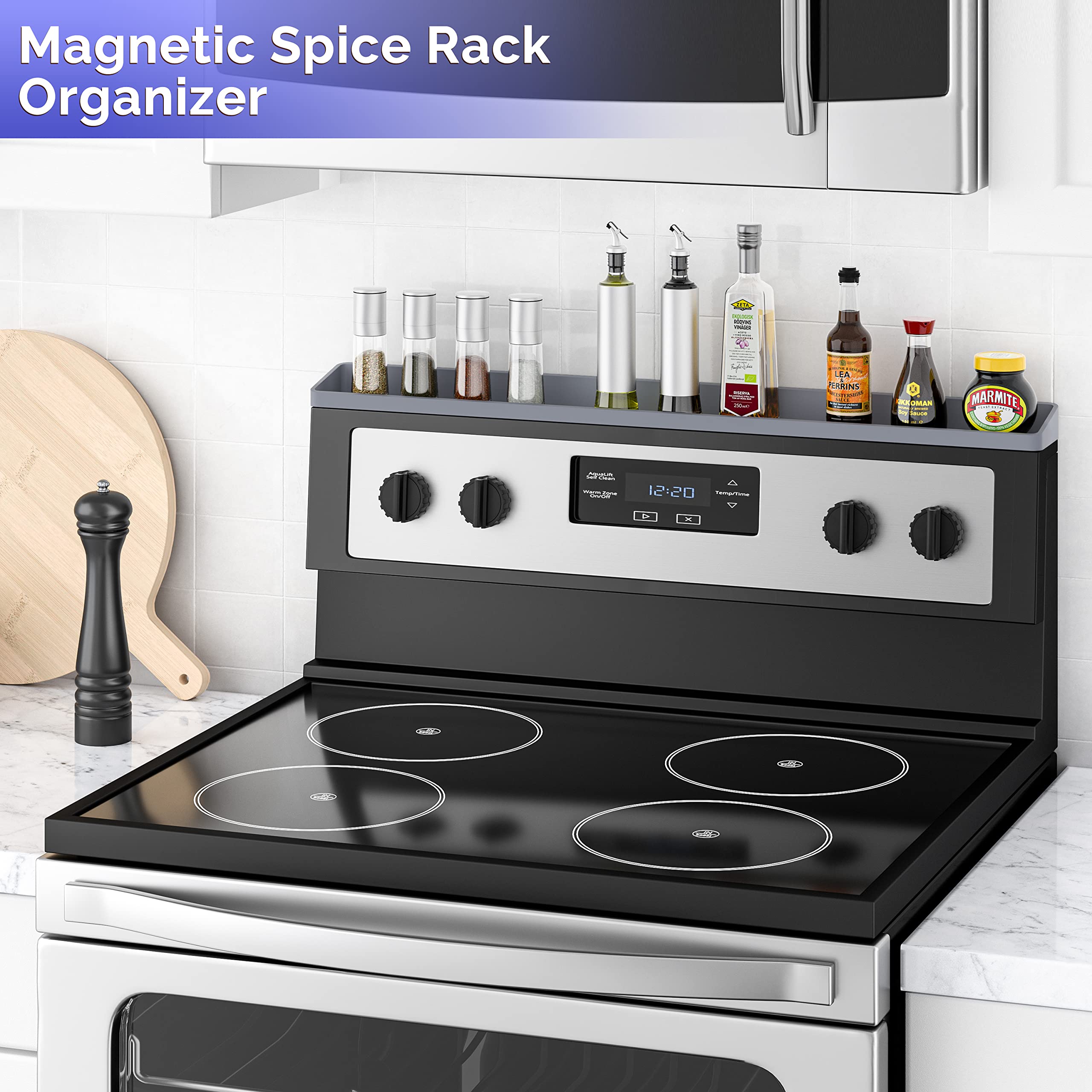 MOSTWOGO Silicone Magnetic Stove Top Shelf, 30" Length Magnetic Spice Rack Over the Stove, Heat Insulated Kitchen Gadgets - Zero Installation, Baffles All Around, Non-Slip Spice Shelf (Grey)
