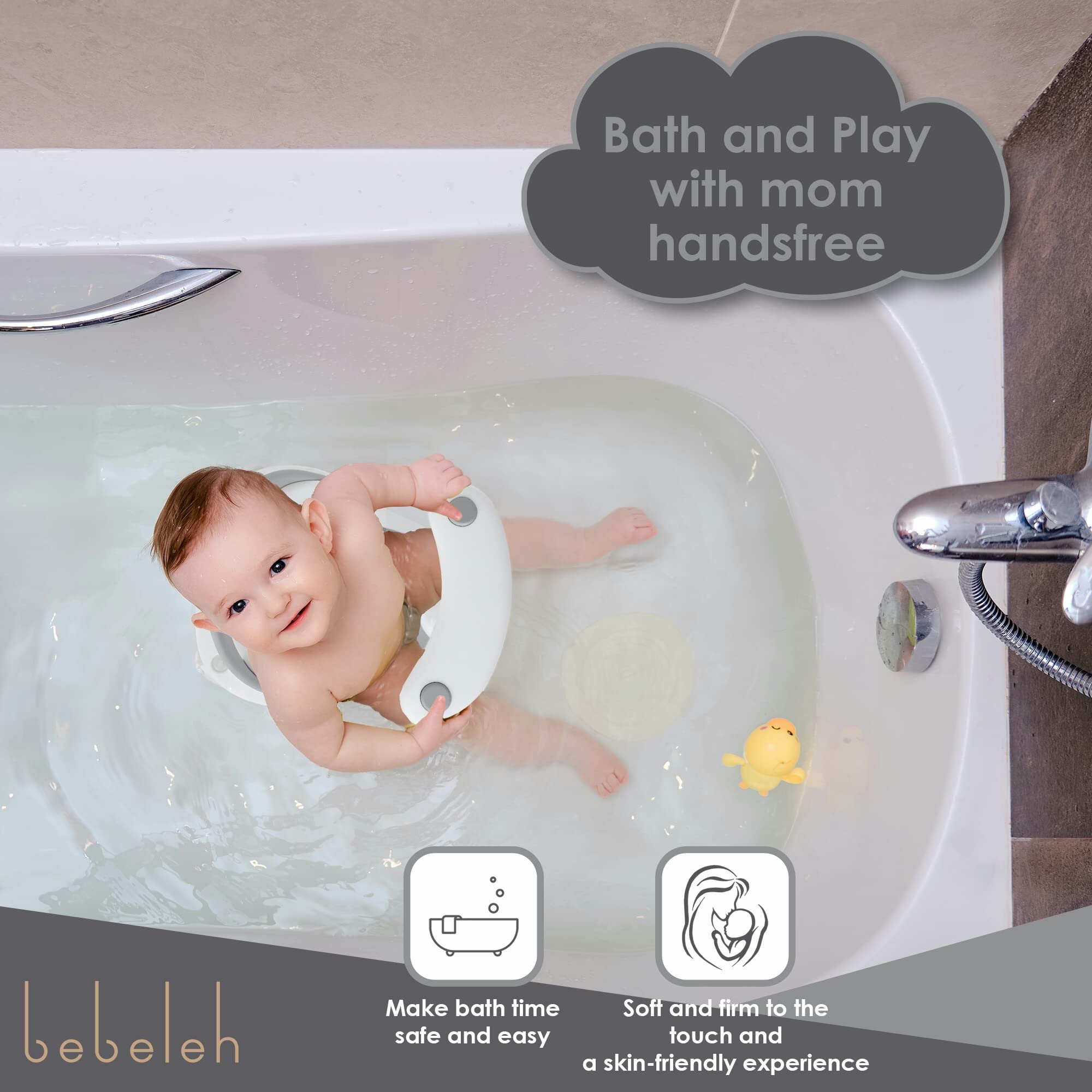 BEBELEH™ Baby Bath Seat [Original] – Baby Bath Portable Chair + Carry Bag + Baby Bath Thermometer – Compact and Foldable – Ultra Strong Suction Cups – Non-Slip Padding Infant Seat. Ideal Gift! (Grey)